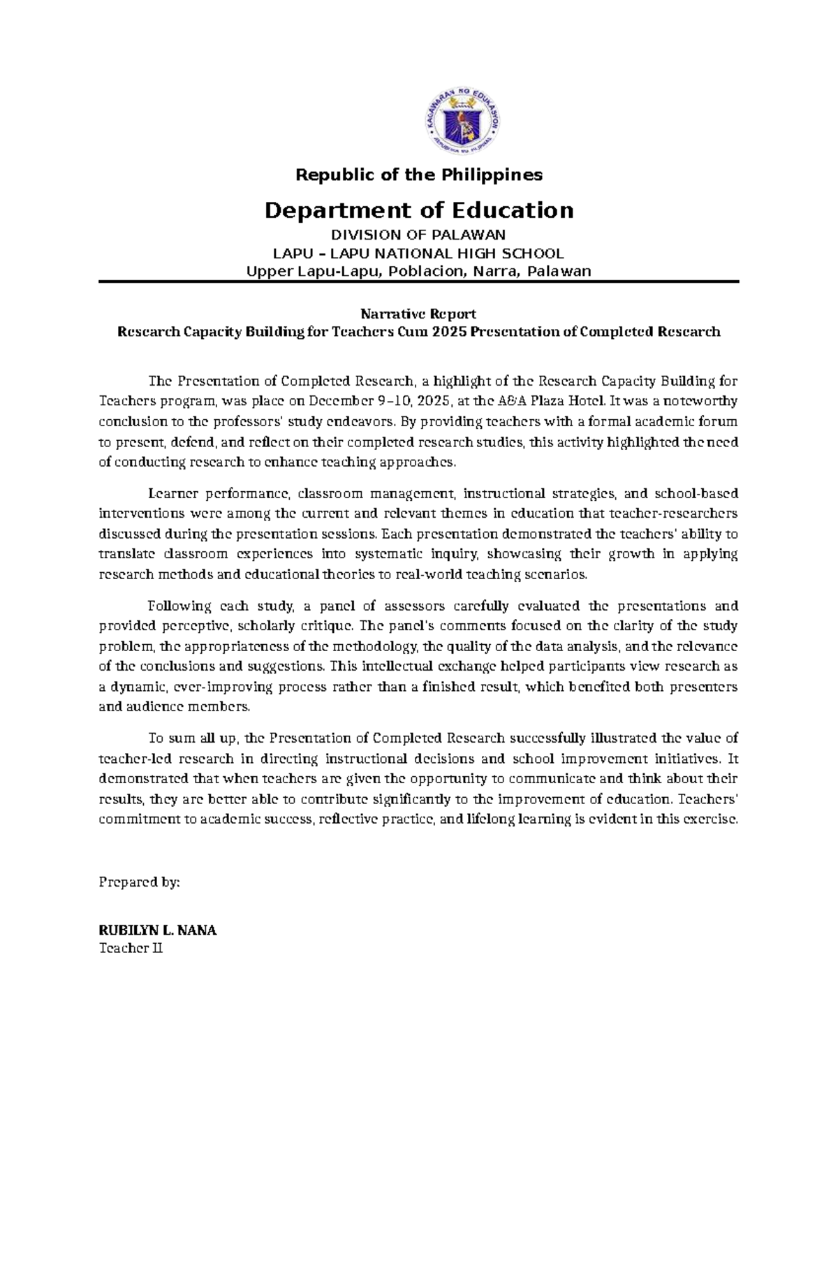 Narrative Report: Research Capacity Building for Teachers 2025 - Studocu