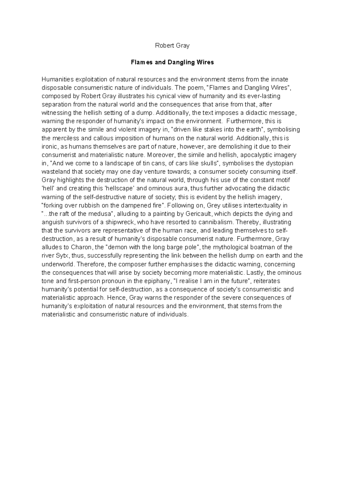 Robert Gray: Analysis of "Flames and Dangling Wires" MINE - Studocu