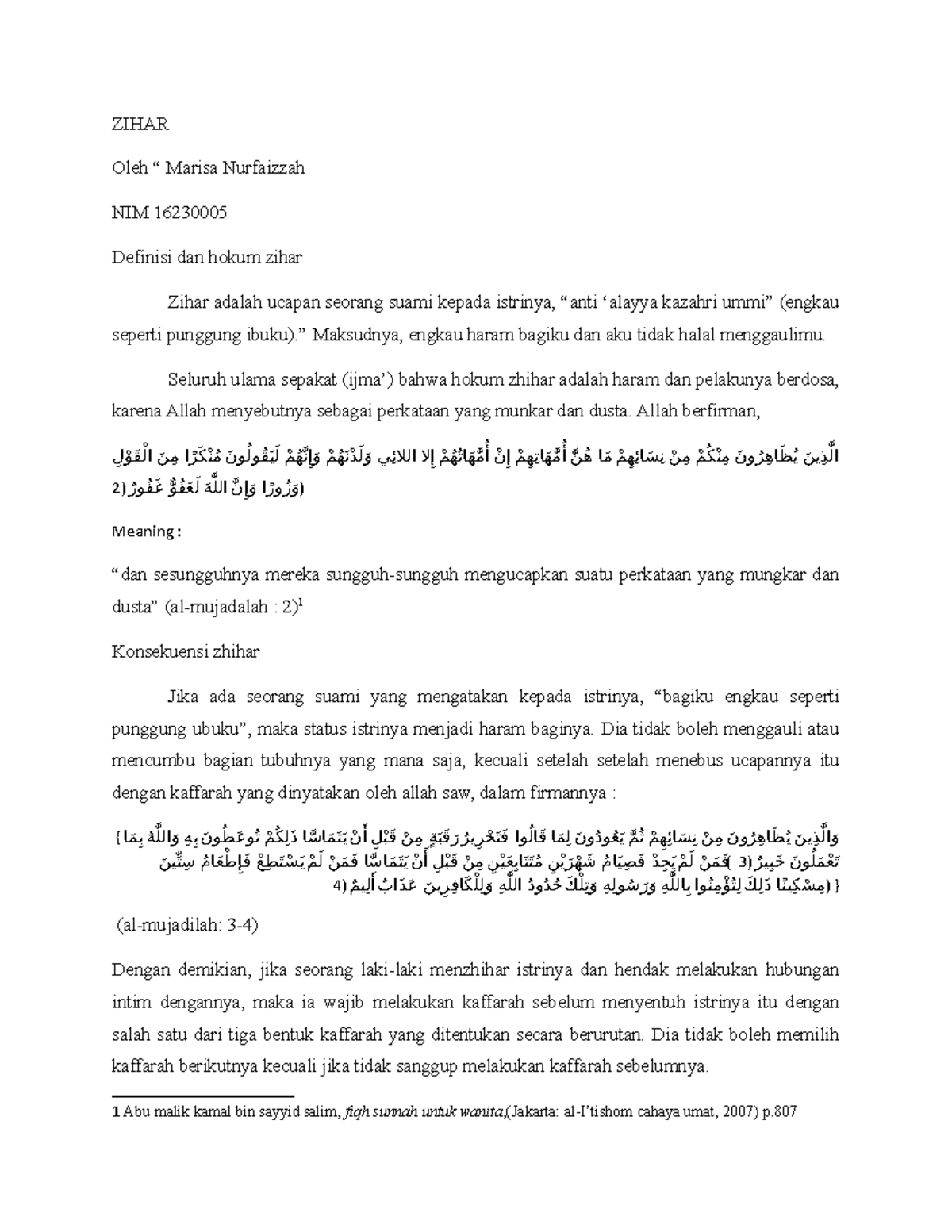 Hukum dan Konsekuensi Zihar dalam Islam: Analisis Mendalam - Studocu