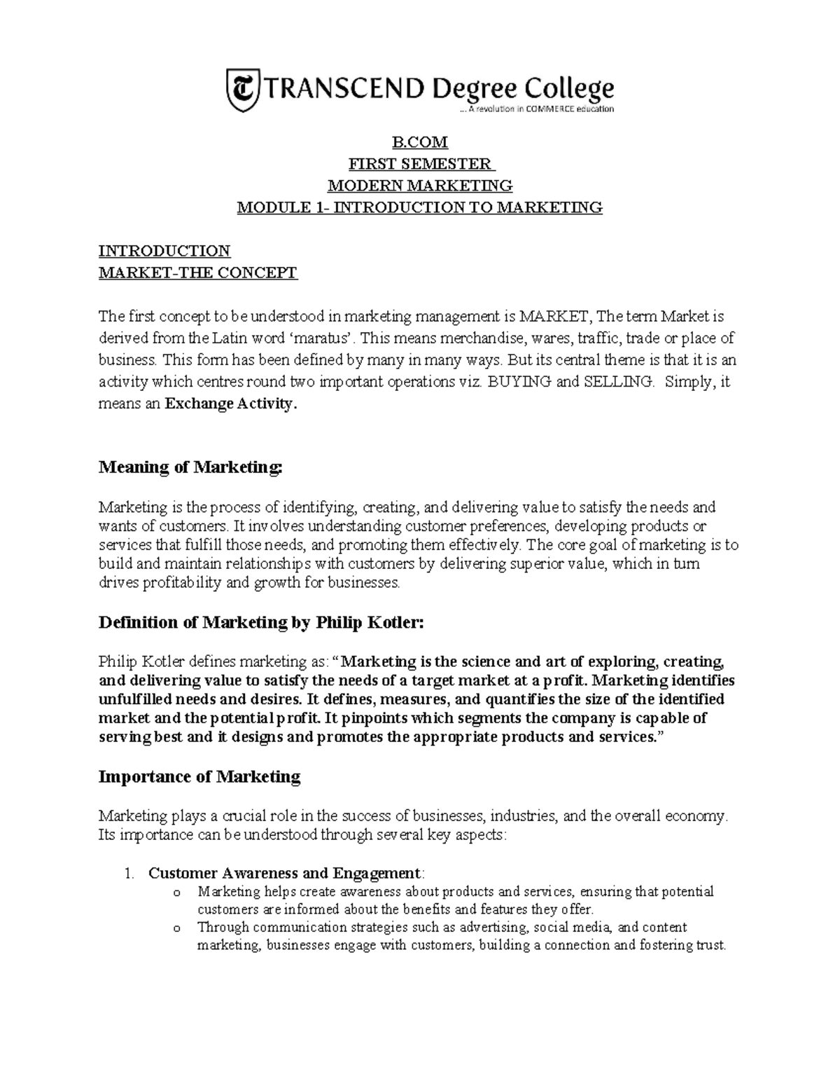 Module 1 - Intro to Marketing Concepts and Importance in Business - Studocu
