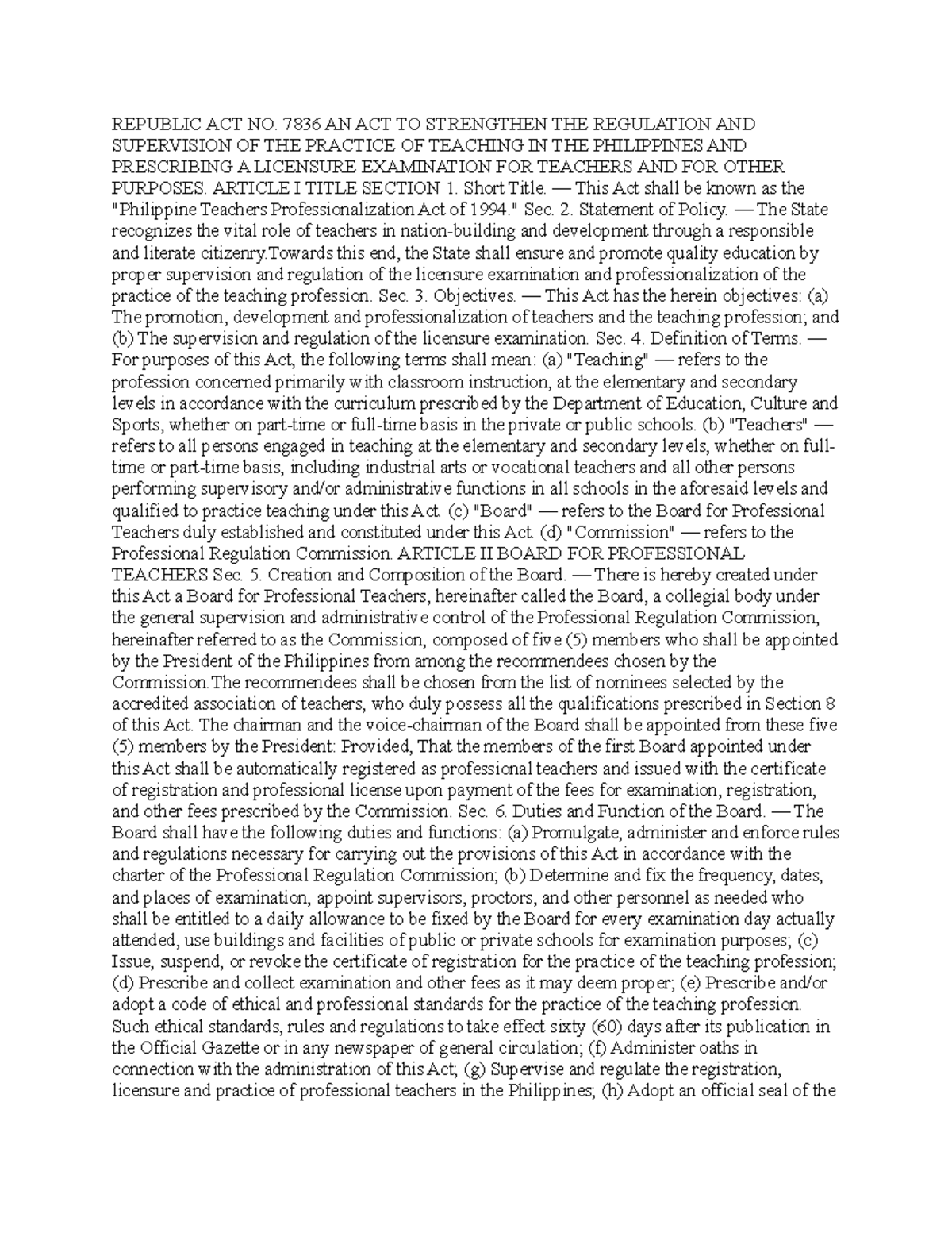 Presidential decree No. 7836 - REPUBLIC ACT NO. 7836 AN ACT TO ...