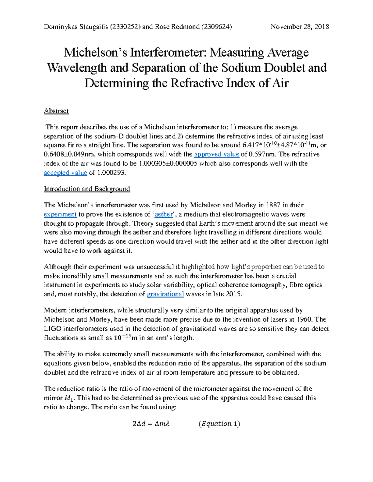 Measuring refractive index using Michelson interferometer - Dominykas Staugaitis (2330252) and ...