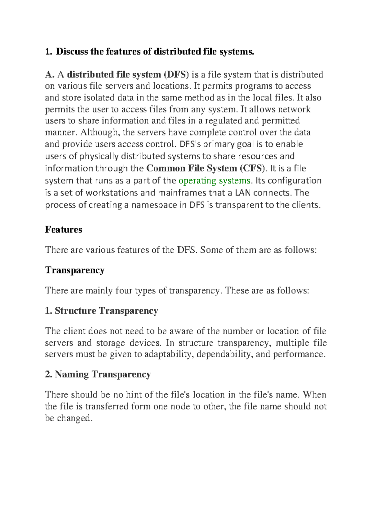 Aos unit-4 - Lecture notes on AOS - Discuss the features of distributed ...