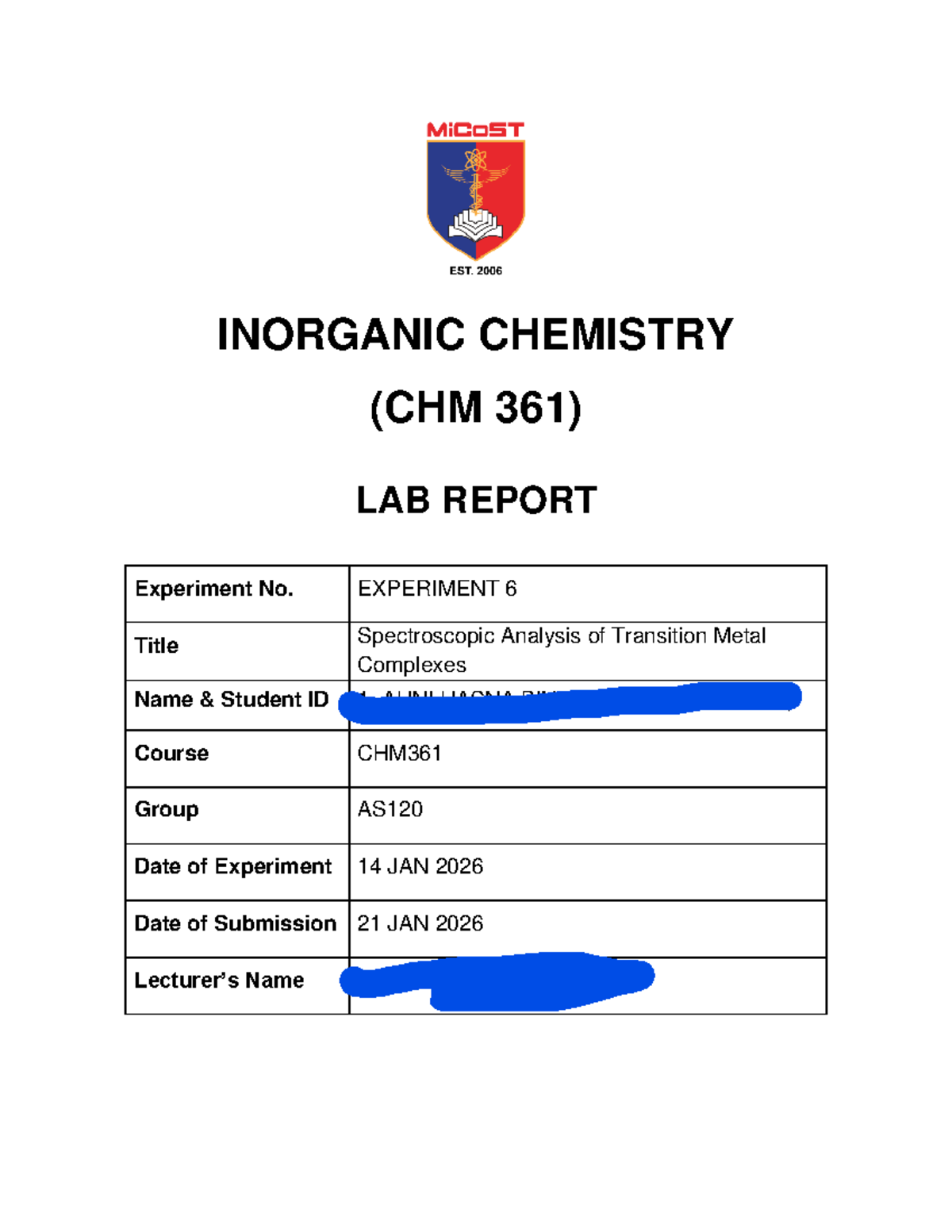 CHM 361 Lab Report: Spectroscopic Analysis of Transition Metal ...