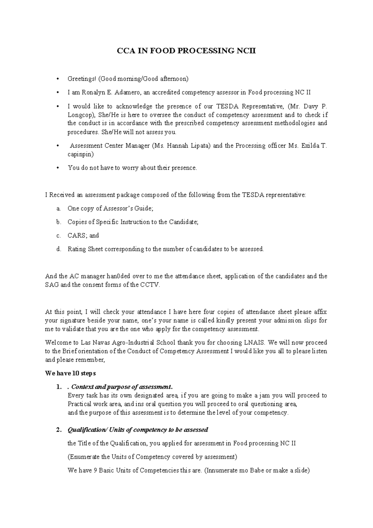 CCA-Script for Food Processing NC II Competency Assessment - Studocu