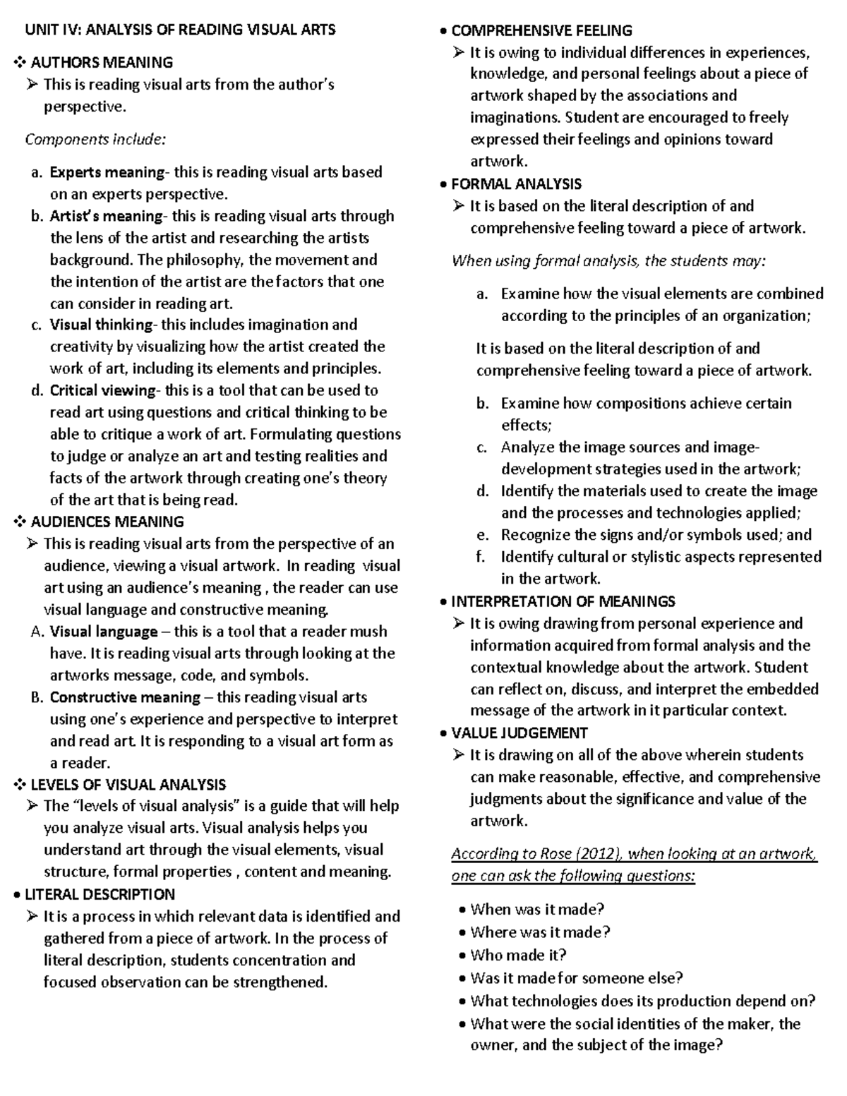 UNIT IV: Analysis of Reading Visual Arts and Audience Interpretation ...