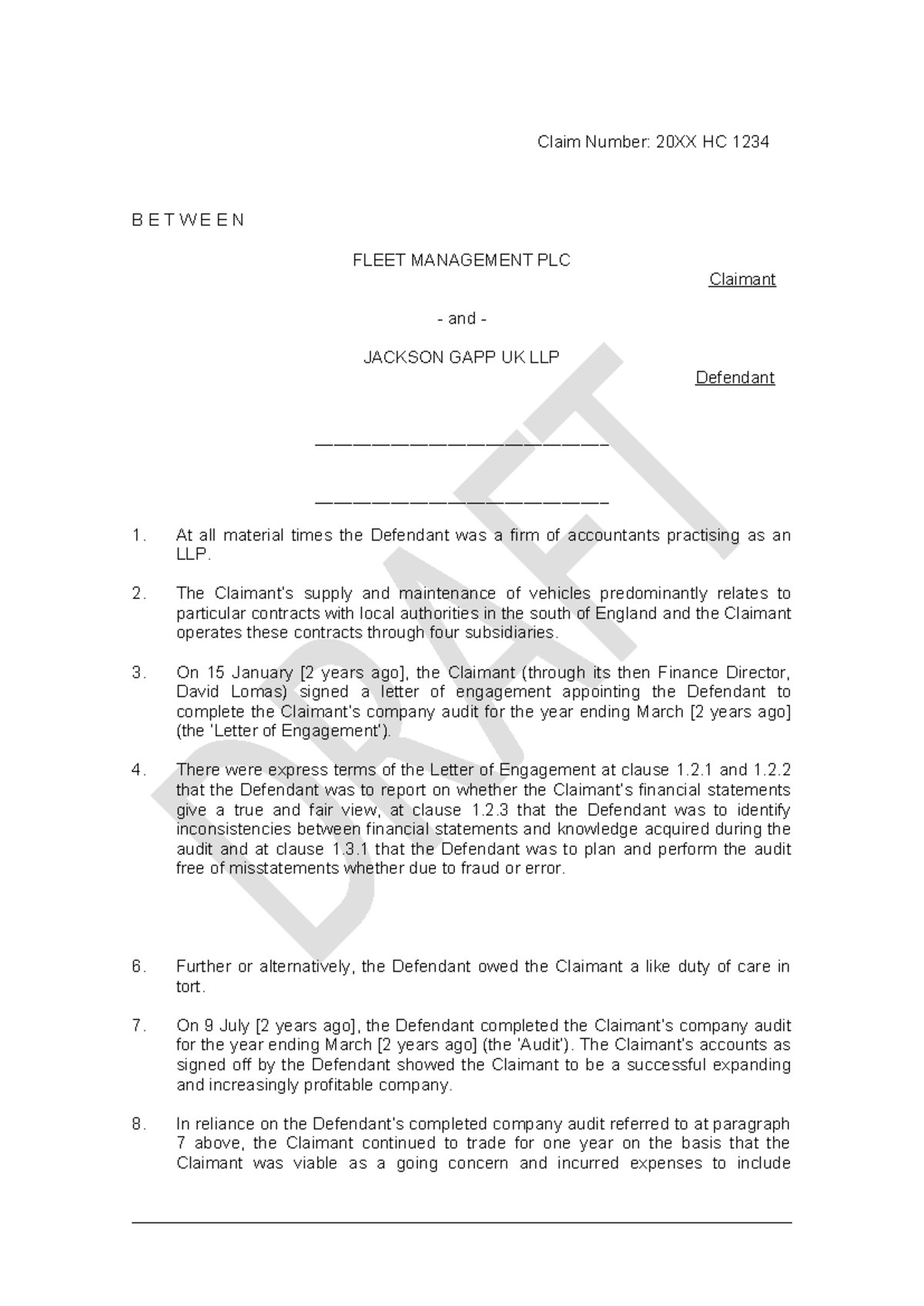 Claim No: 20XX HC 1234 - Draft Particulars of Claim Workshop 2 - Studocu
