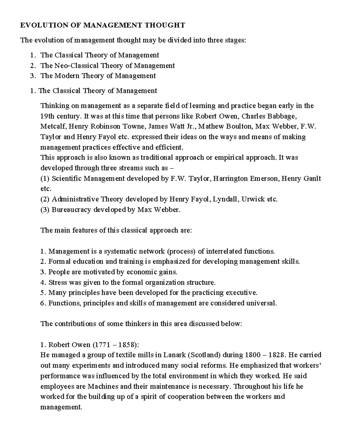 EVOLUTION OF MANAGEMENT THOUGHT - Class Notes - Studocu