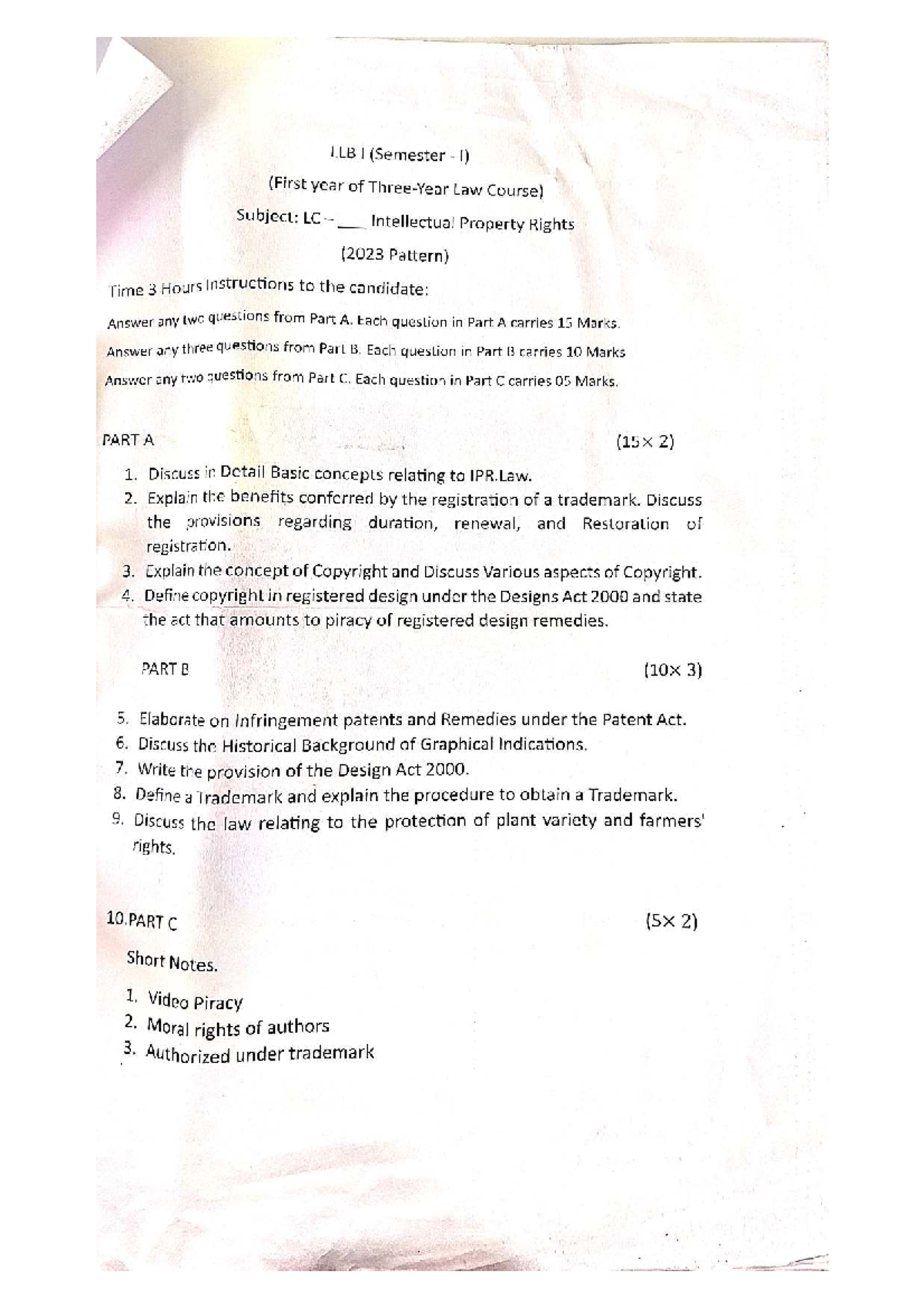 LLB I (Semester I) Previous Year Question Papers on Law Topics - Studocu