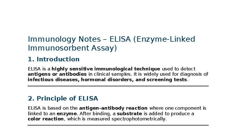 ELISA: Principles, Types & Applications in Immunology (MLT) - Studocu
