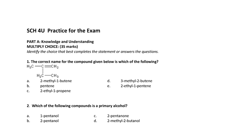 SCH 4U Practice Exam: Knowledge & Understanding Multiple Choice - Studocu