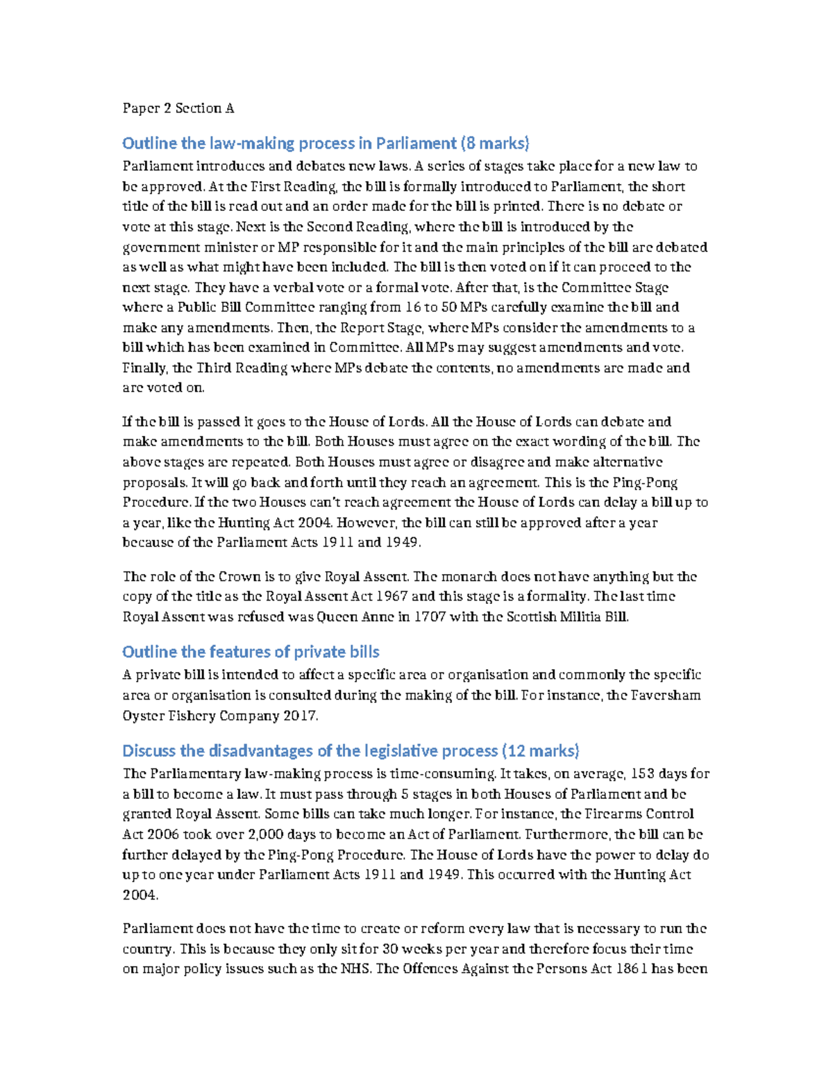 Law Exam Model Answers: Parliamentary Process & Delegated Legislation ...