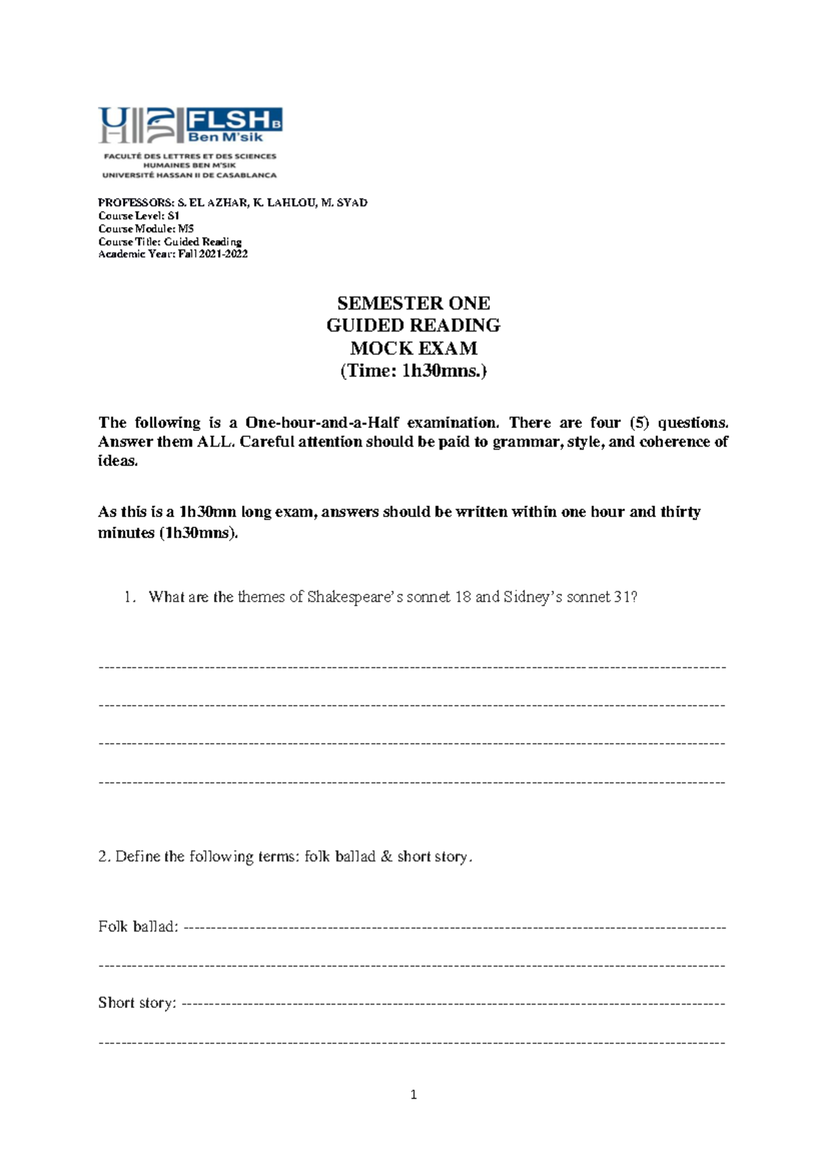 S1 Guided Reading Mock Exam - Fall 2021 Examination (1h30) - Studocu