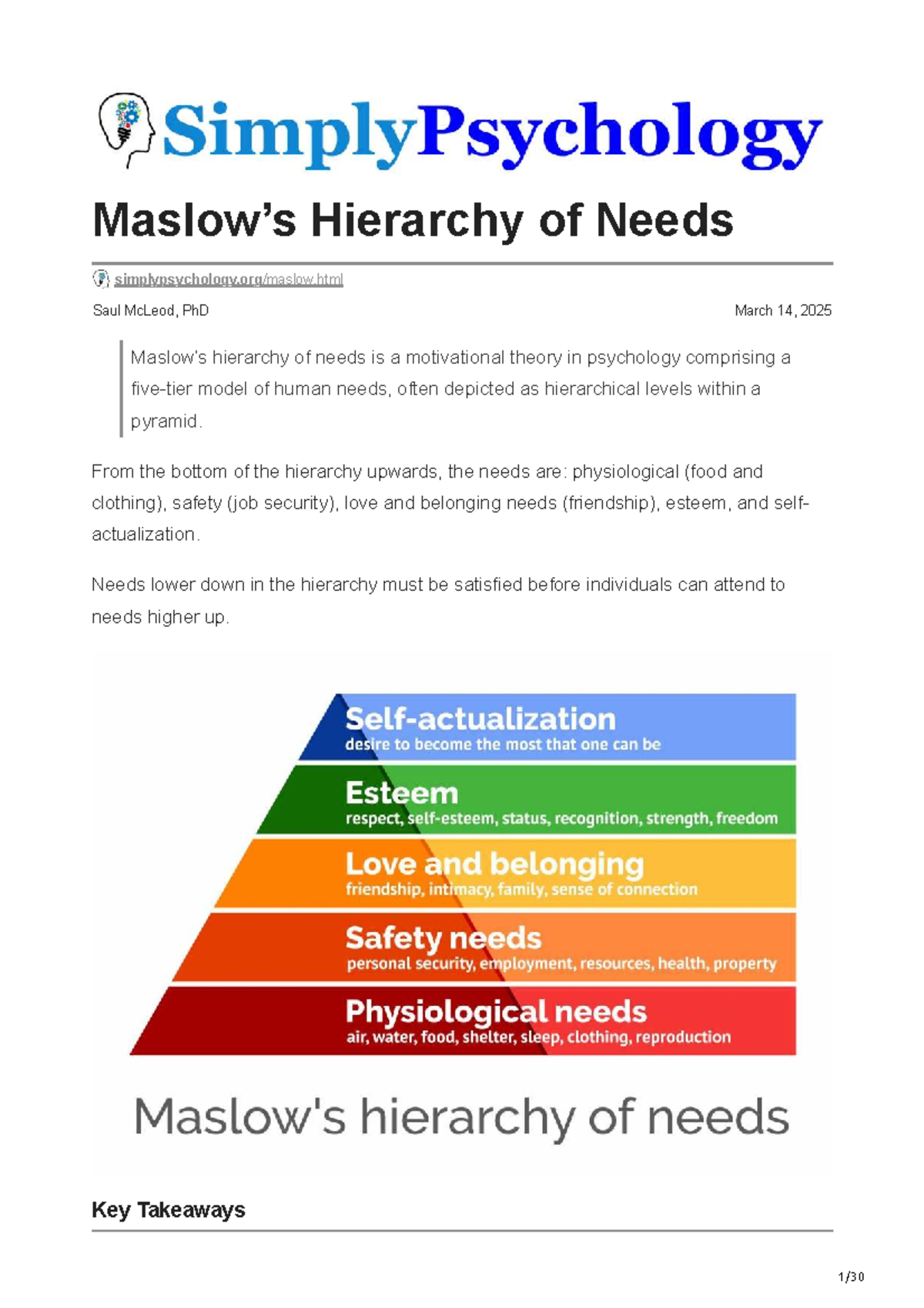Maslow's Hierarchy of Needs: A Comprehensive Overview - Studocu