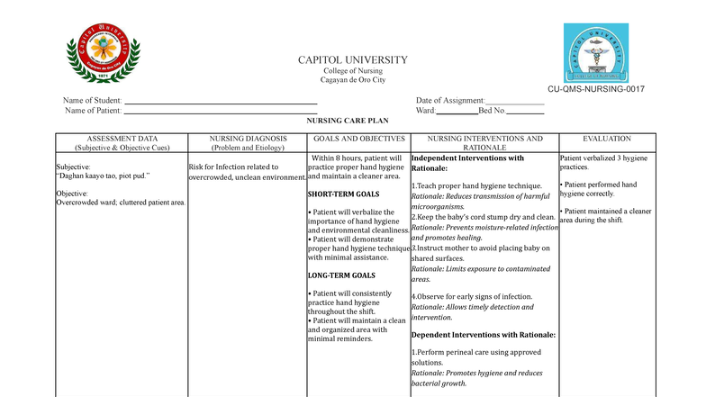 Nursing Care Plan for Infection Risk: Assessment & Interventions (NURS ...