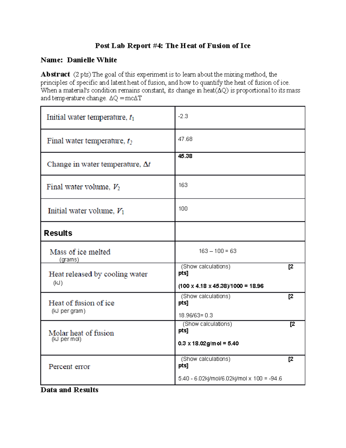 Post Lab Report #4: Analyzing the Heat of Fusion of Ice - Studocu