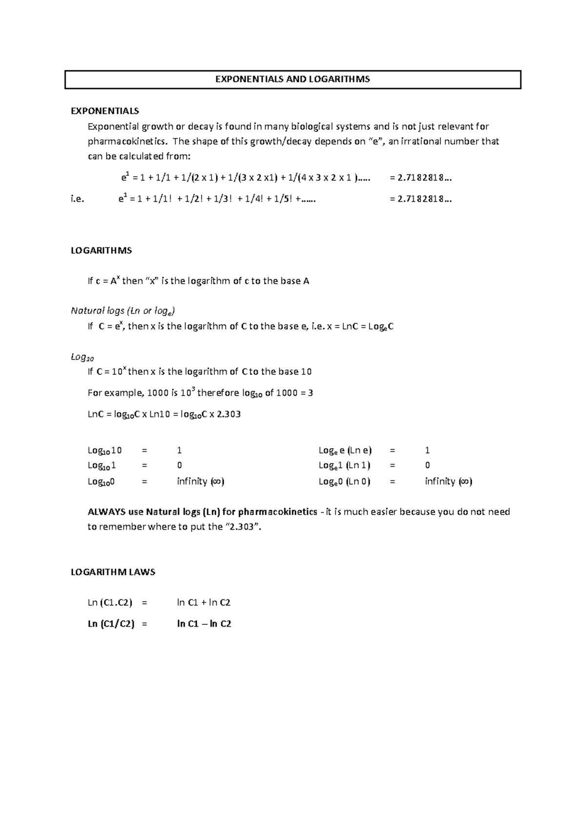 Exponential & Logarithm Concepts for Math 101 Lecture Notes - Studocu