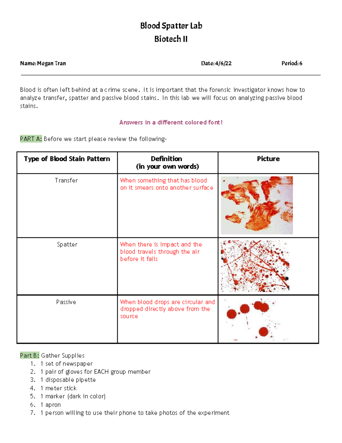 Biotech II: Blood Spatter Analysis Lab - Megan Tran P6 Notes - Studocu