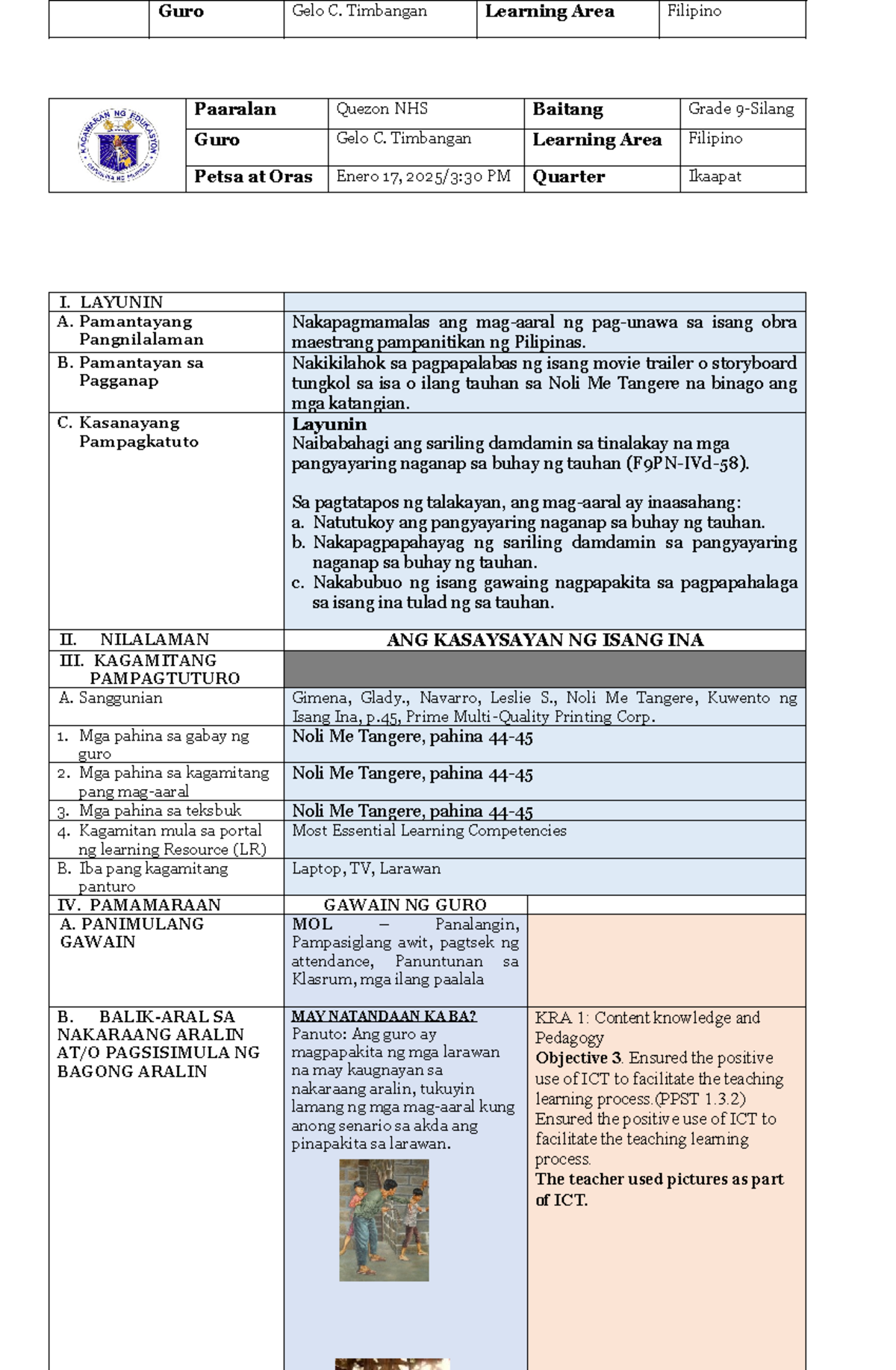 LP-COT2 Grade 9: Filipino Learning Area Lesson Plan on Noli Me Tangere ...