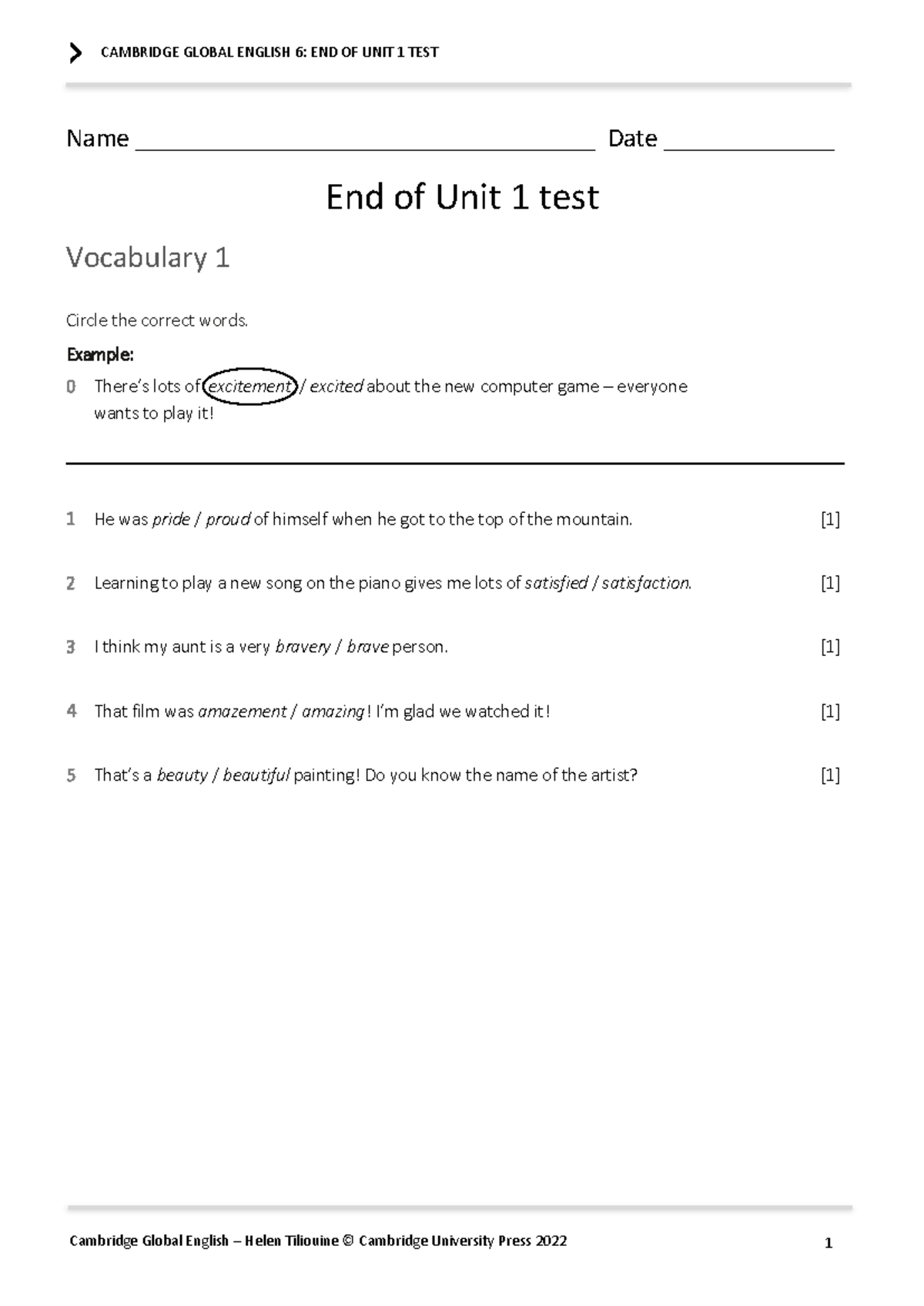 CAMBRIDGE GLOBAL ENGLISH 6: END OF UNIT 1 TEST EXERCISES - Studocu