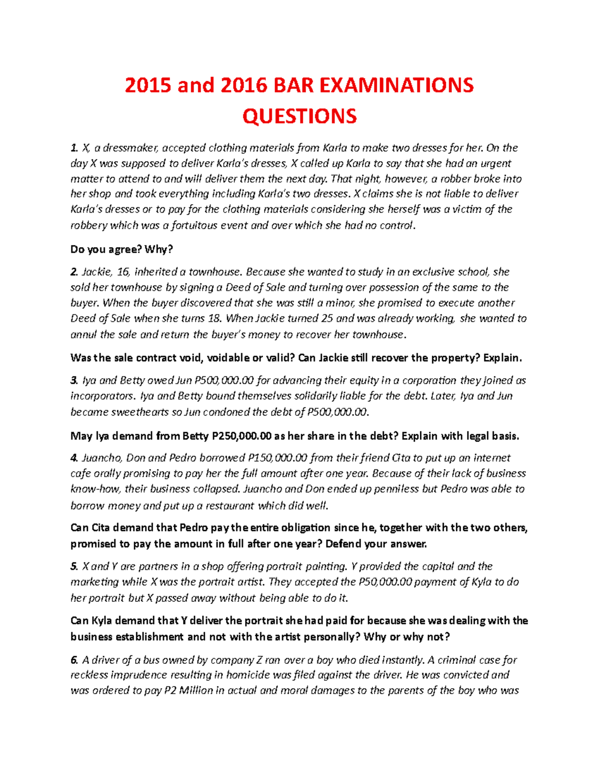 2015-2016 BAR Exam Practice Questions and Legal Analysis - Studocu