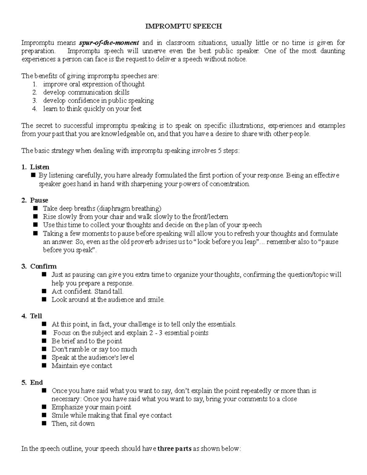 Topic 6 - Impromptu Speech notes - IMPROMPTU SPEECH Impromptu means ...