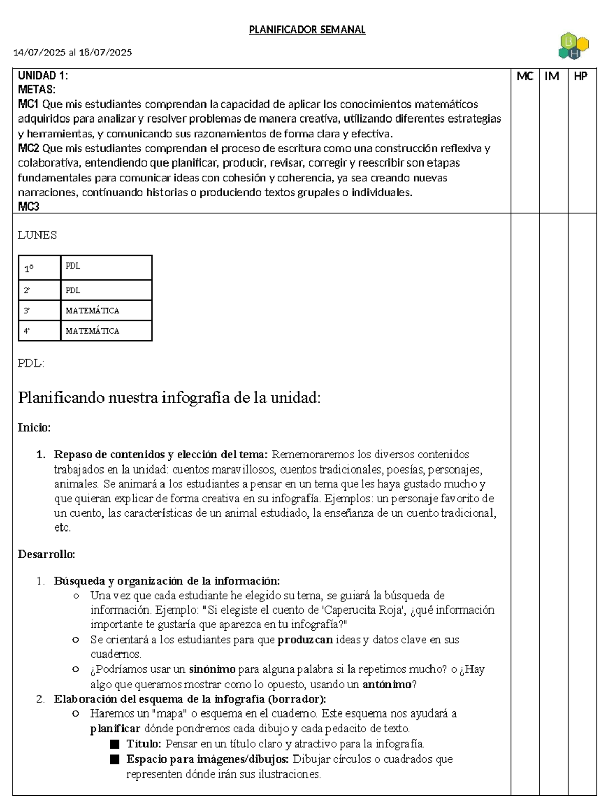 PLANIFICADOR SEMANAL UNIDAD 1: METAS Y ACTIVIDADES (3RO) - Studocu