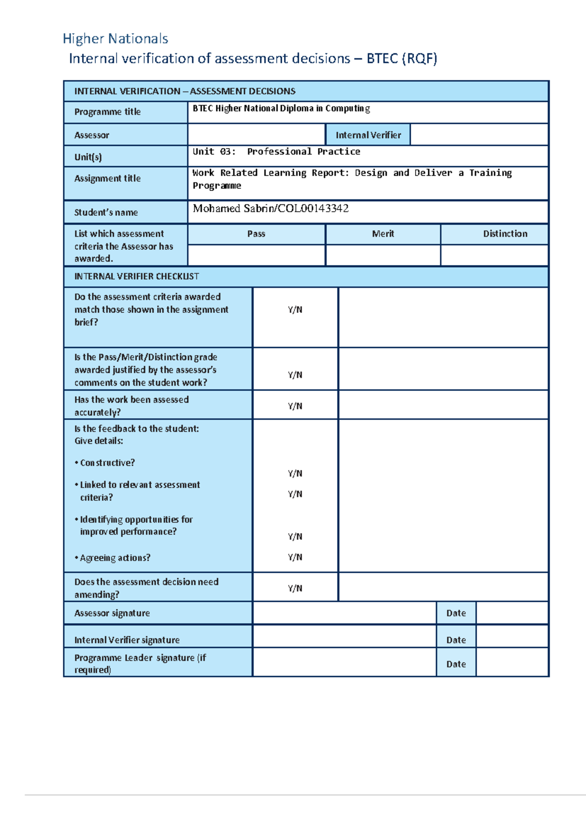 Hnd computing Professional Practice 2022 online batch - Higher Nationals Internal verification ...
