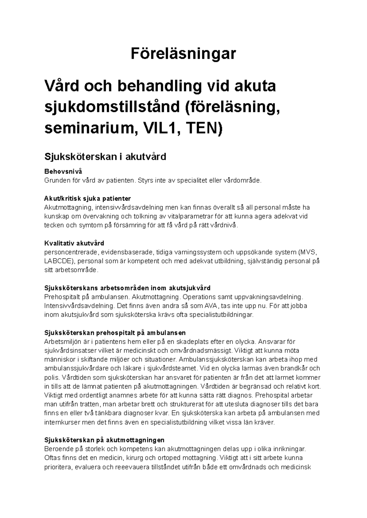 Föreläsningar om Akutvård och Behandling vid Sjukdomstillstånd (VIL1 ...