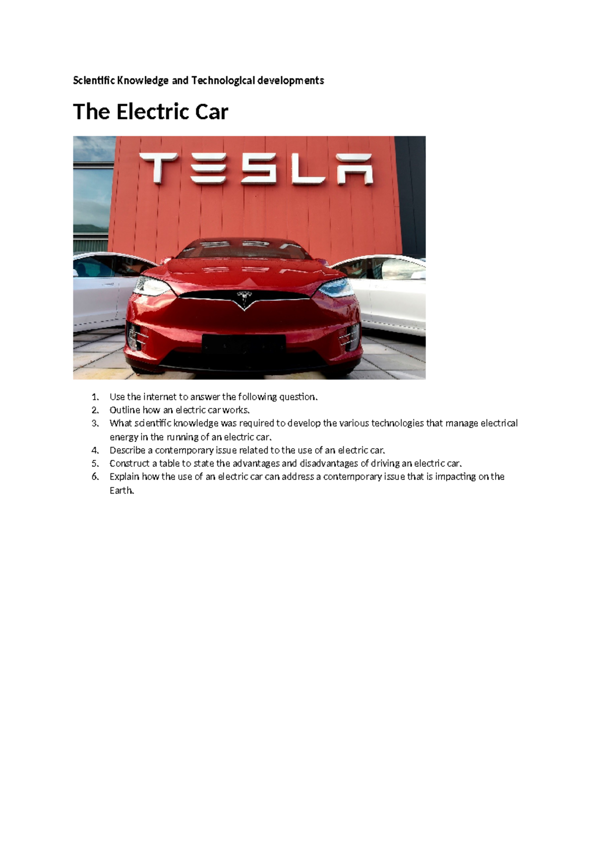 Electric Cars and Energy- Year 8 - Scientific Knowledge and ...