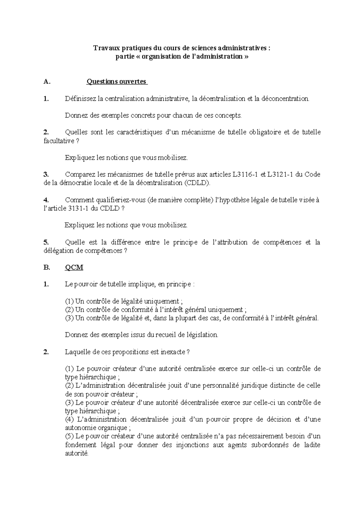 TP SA : Organisation de l'Administration et Mécanismes de Tutelle - Studocu
