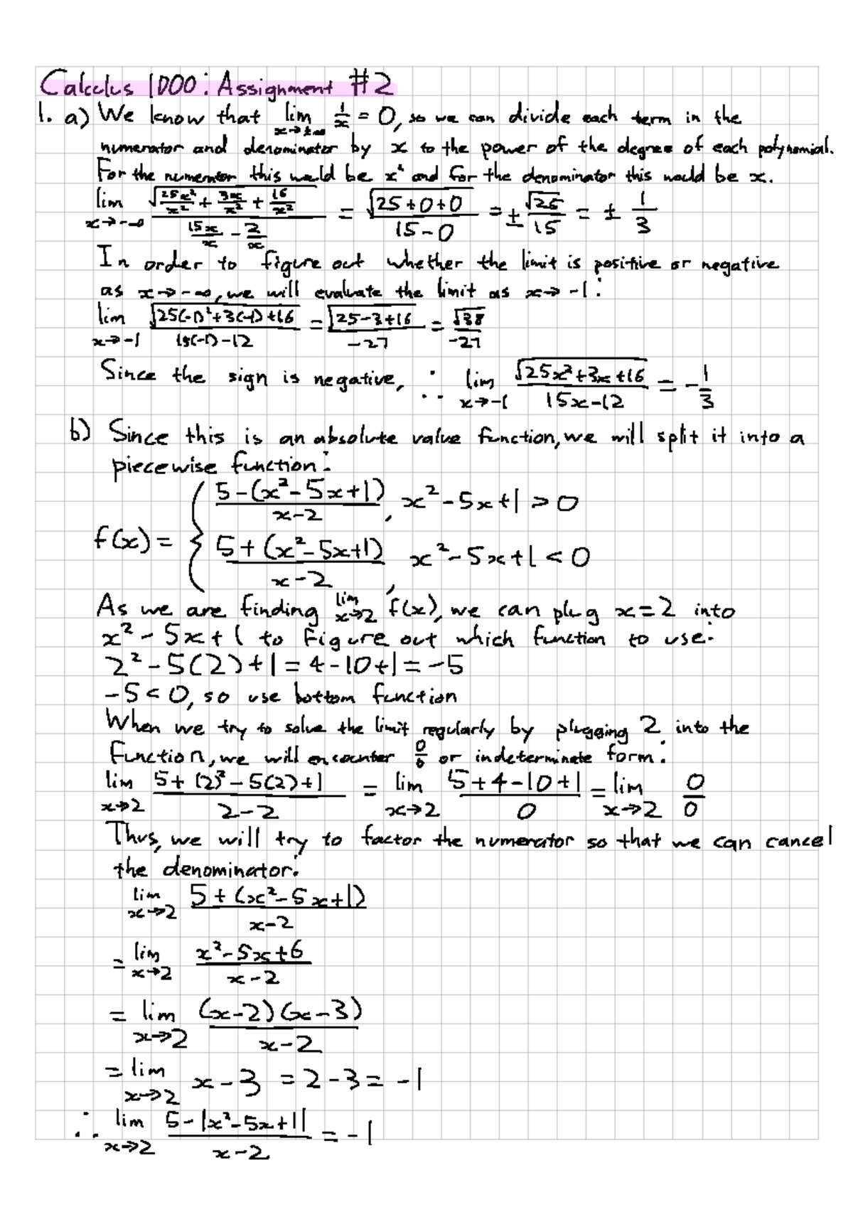 Calc 1000 Assignment #2: Limits and Continuity Analysis - Studocu