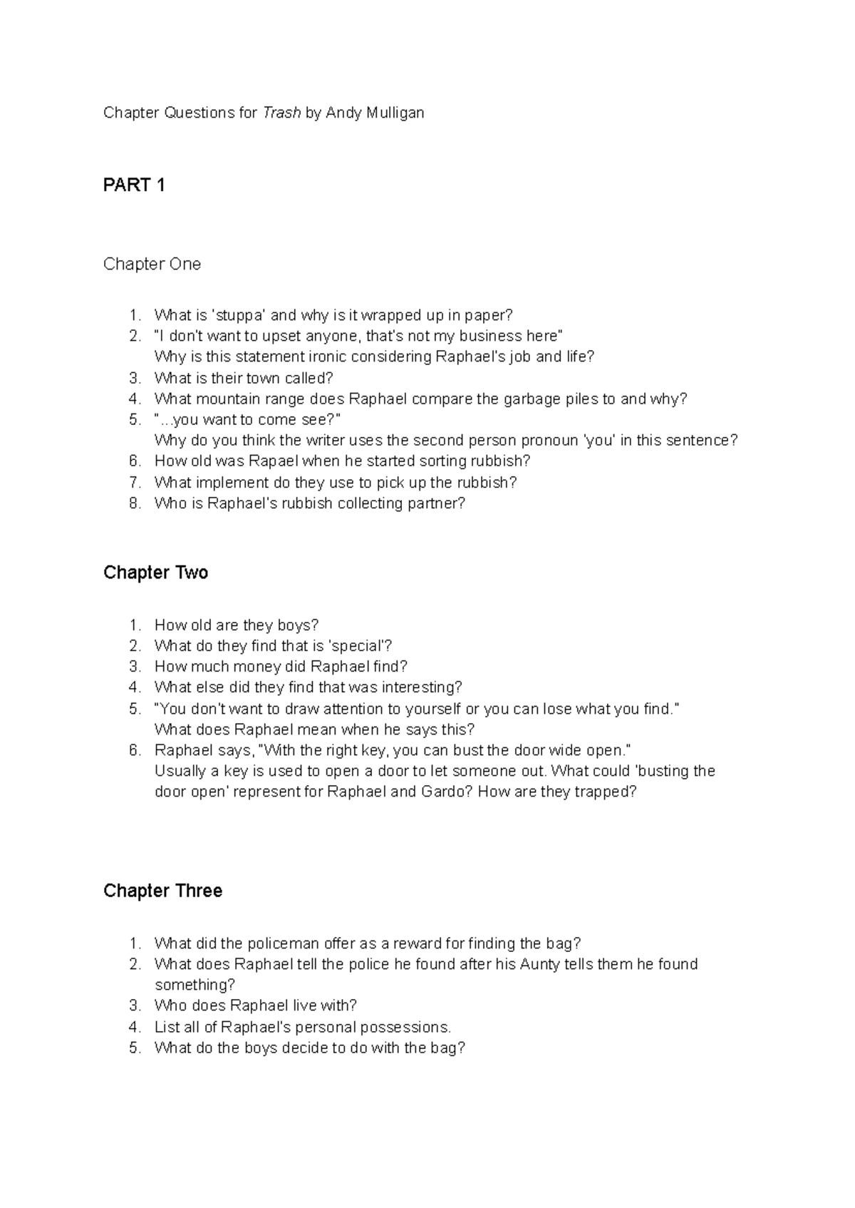 Chapter Questions for Trash (ENG 101 - Literature Analysis) - Studocu