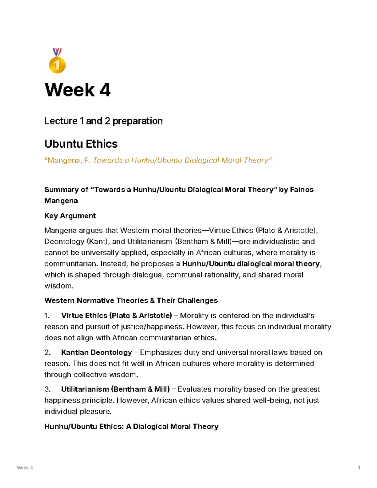 Week 4 Lecture Notes: Ubuntu Ethics & Dialogical Moral Theory - Studocu