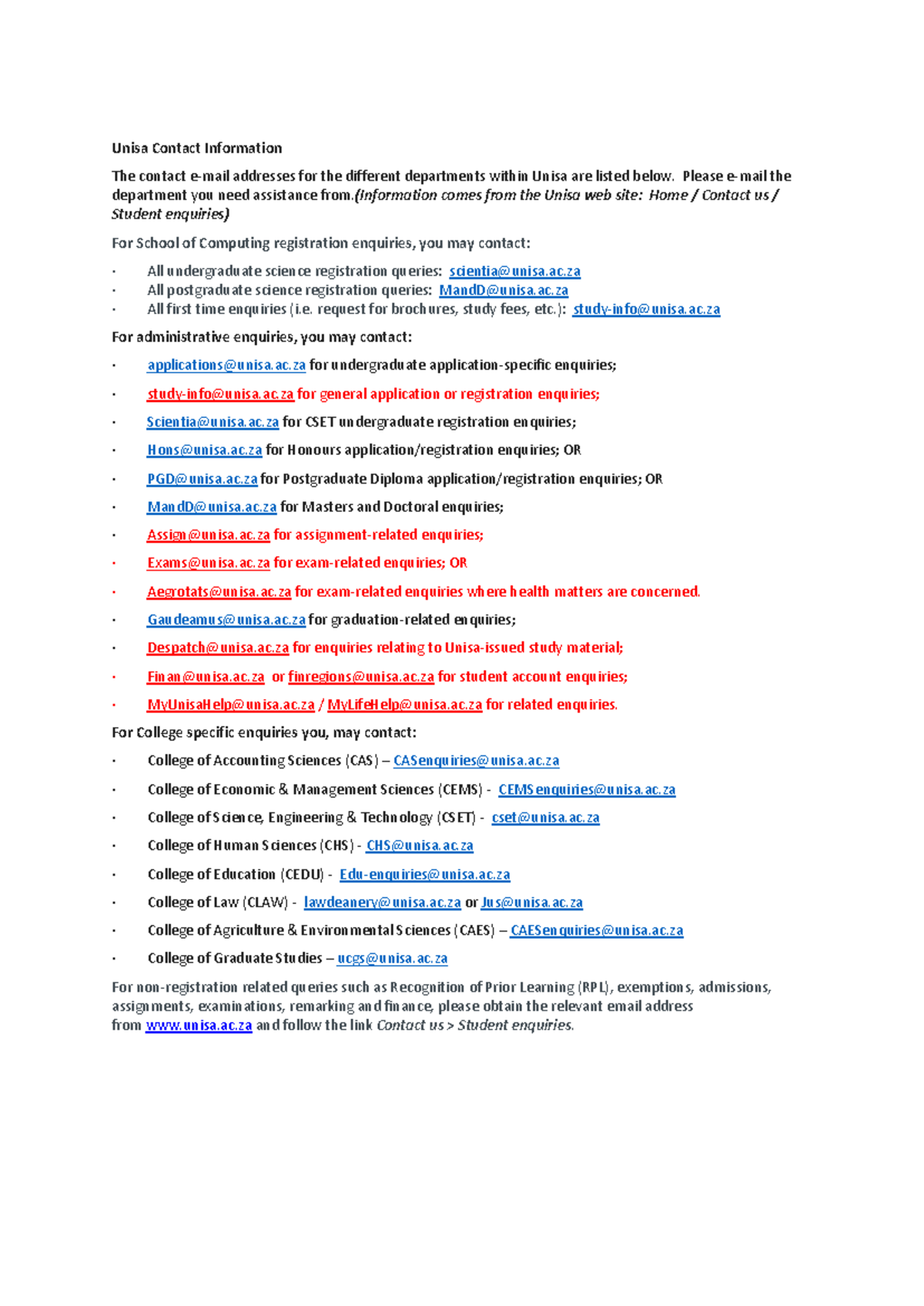 Unisa Contact Information for Student Enquiries and Assistance - Studocu