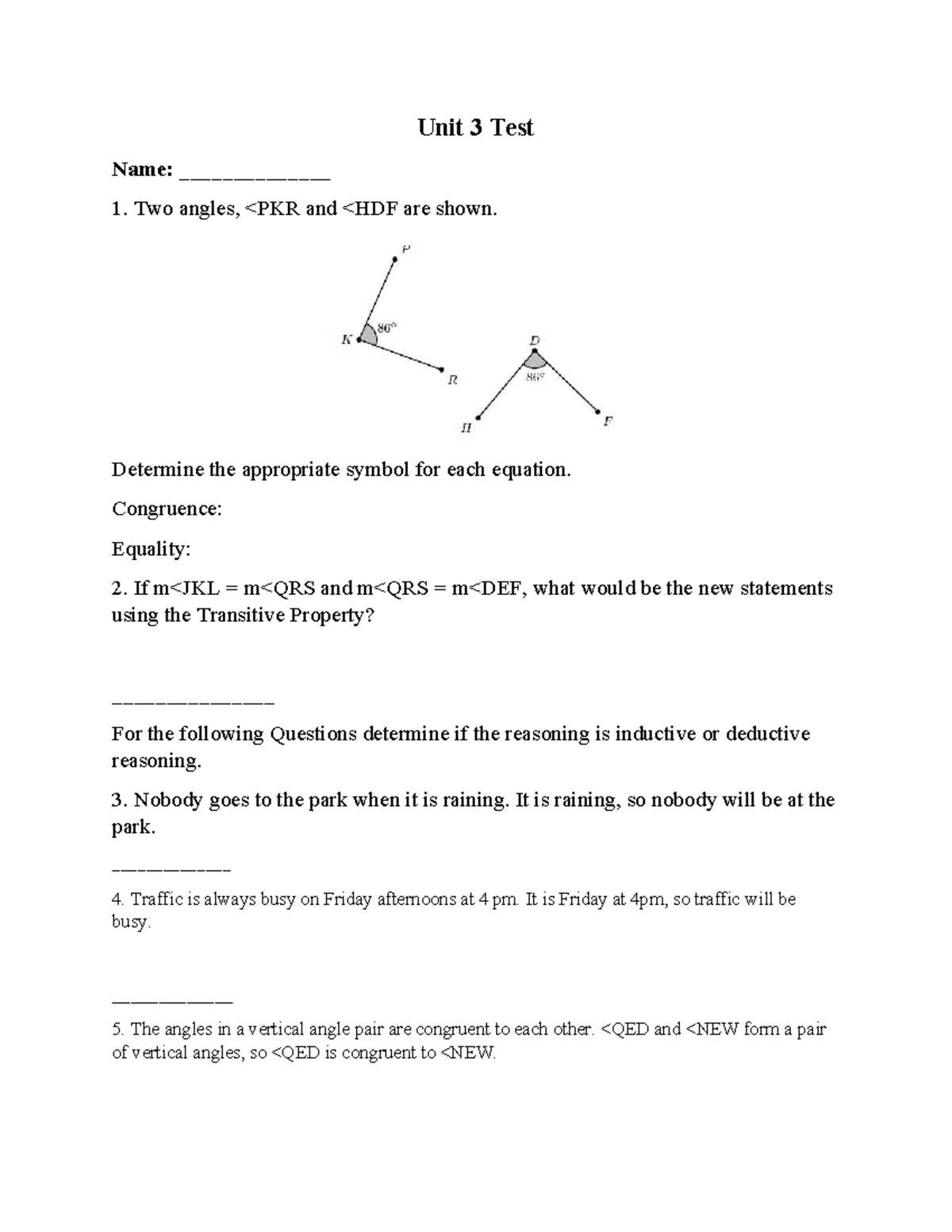 Unit 3 Test: Angles, Reasoning, and Proofs - Studocu