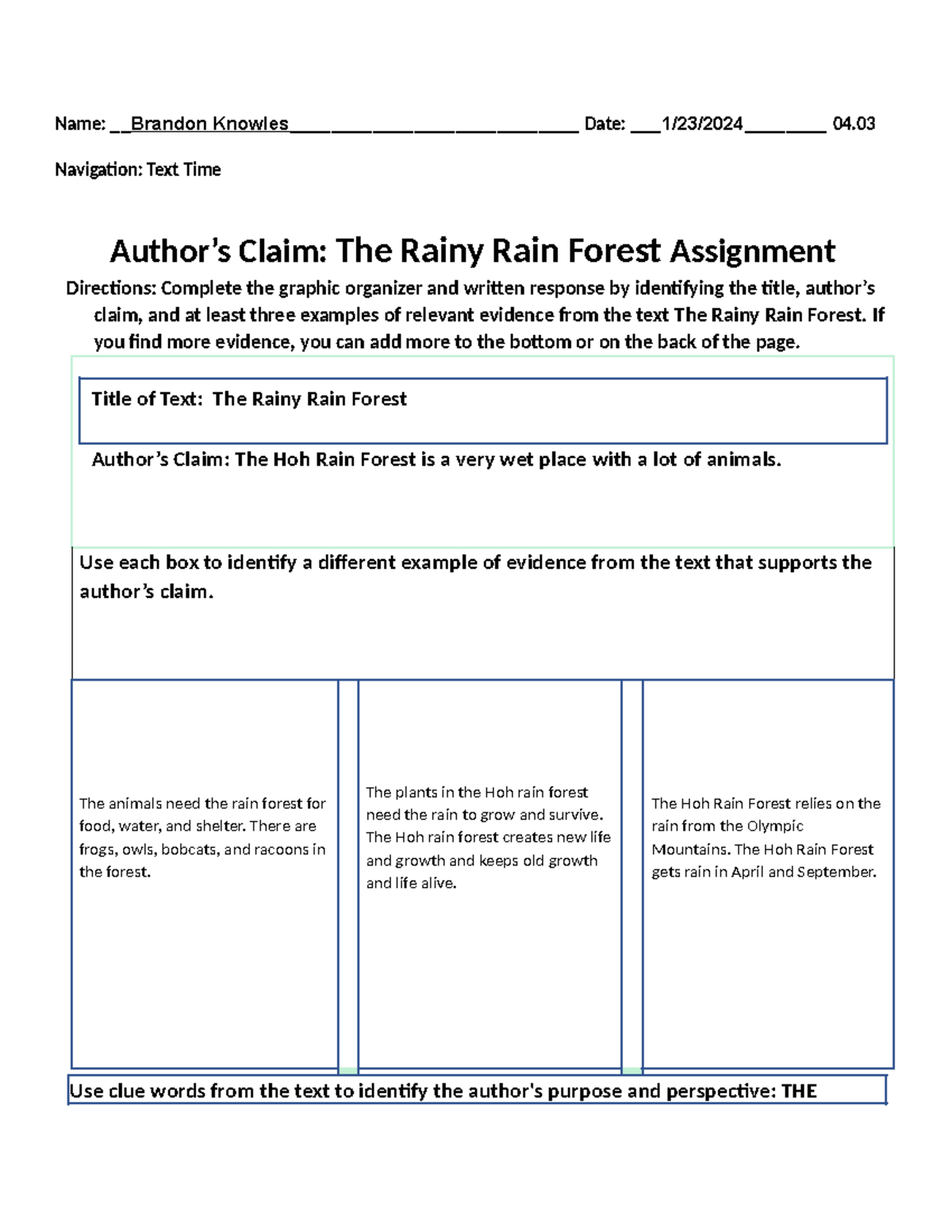 Grade 5 Language Arts: Author's Claim Assignment - The Rainy Rain ...