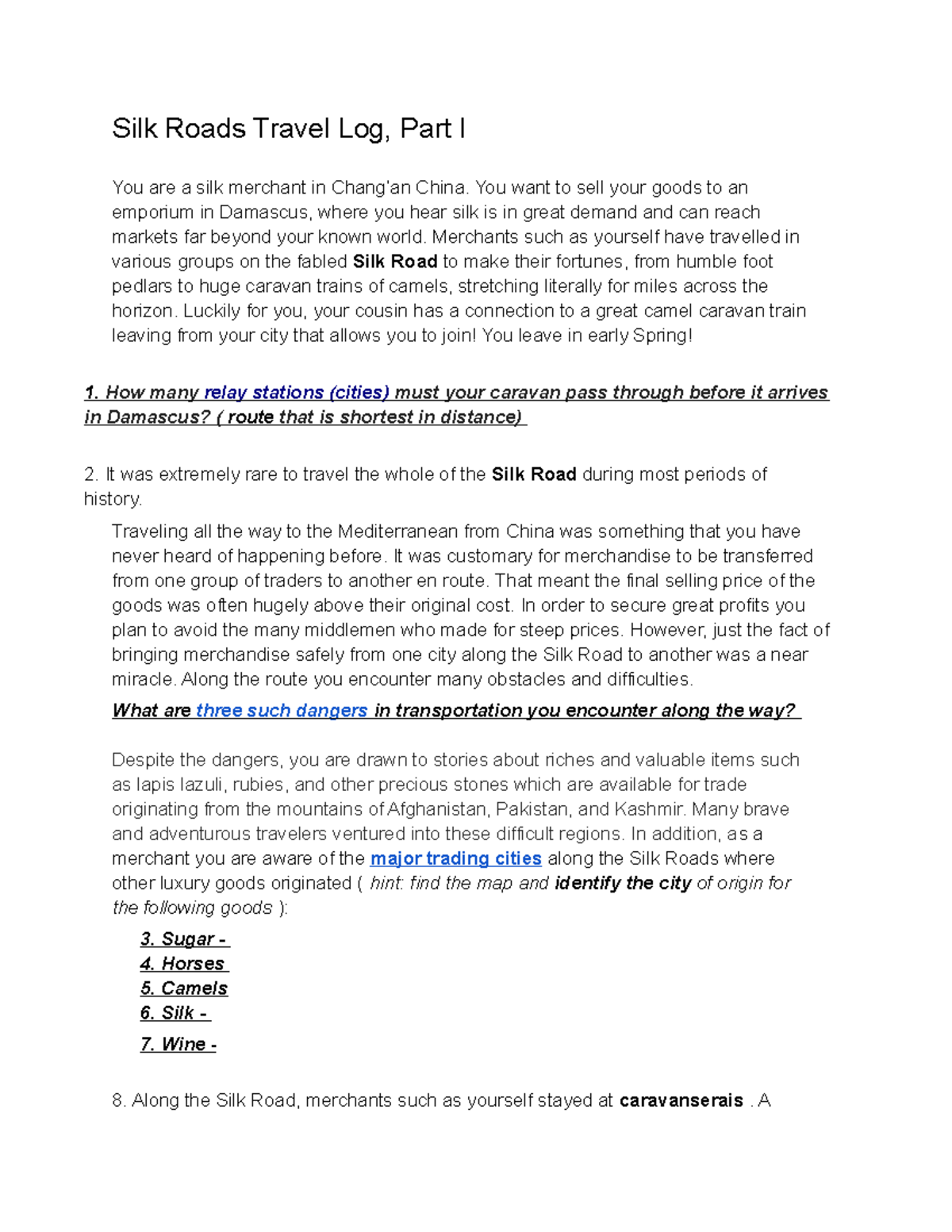 Brooks Student Copy- Silk Roads Travel Log - Silk Roads Travel Log ...