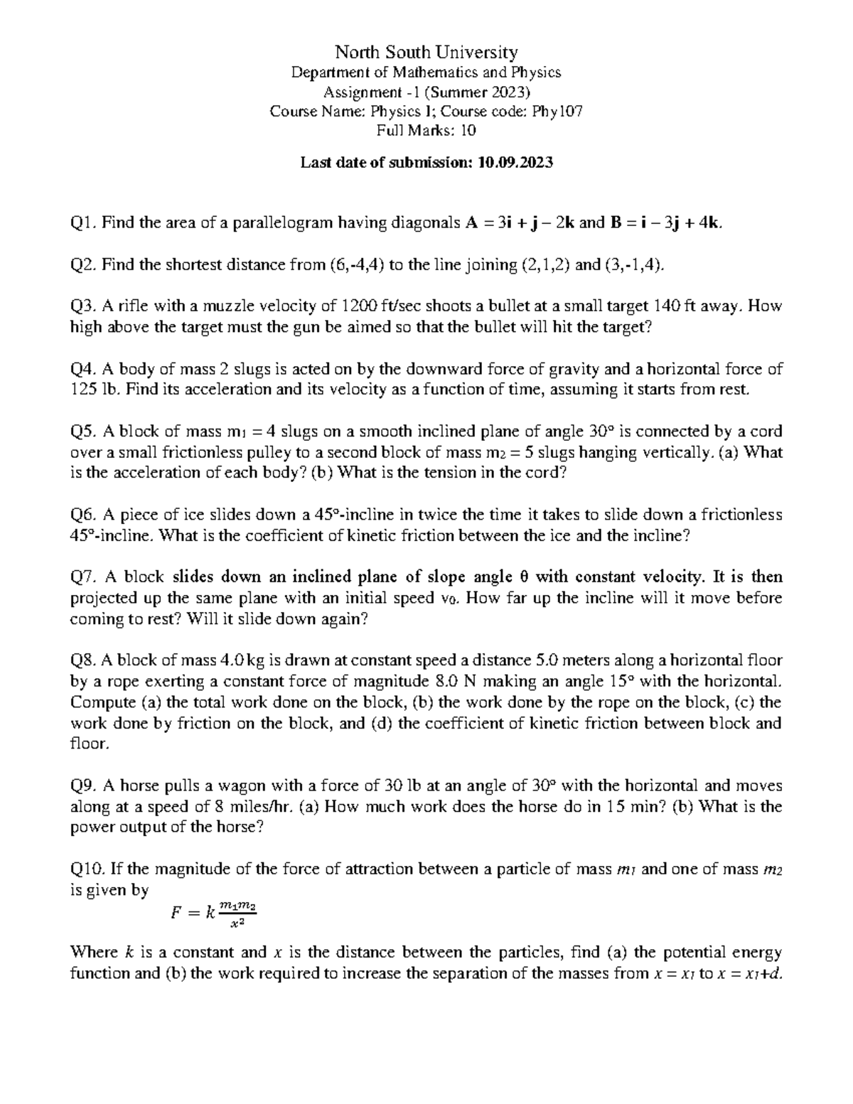 Assignment 1 PHY107: Physics I Problems & Solutions (Summer 2023) - Studocu