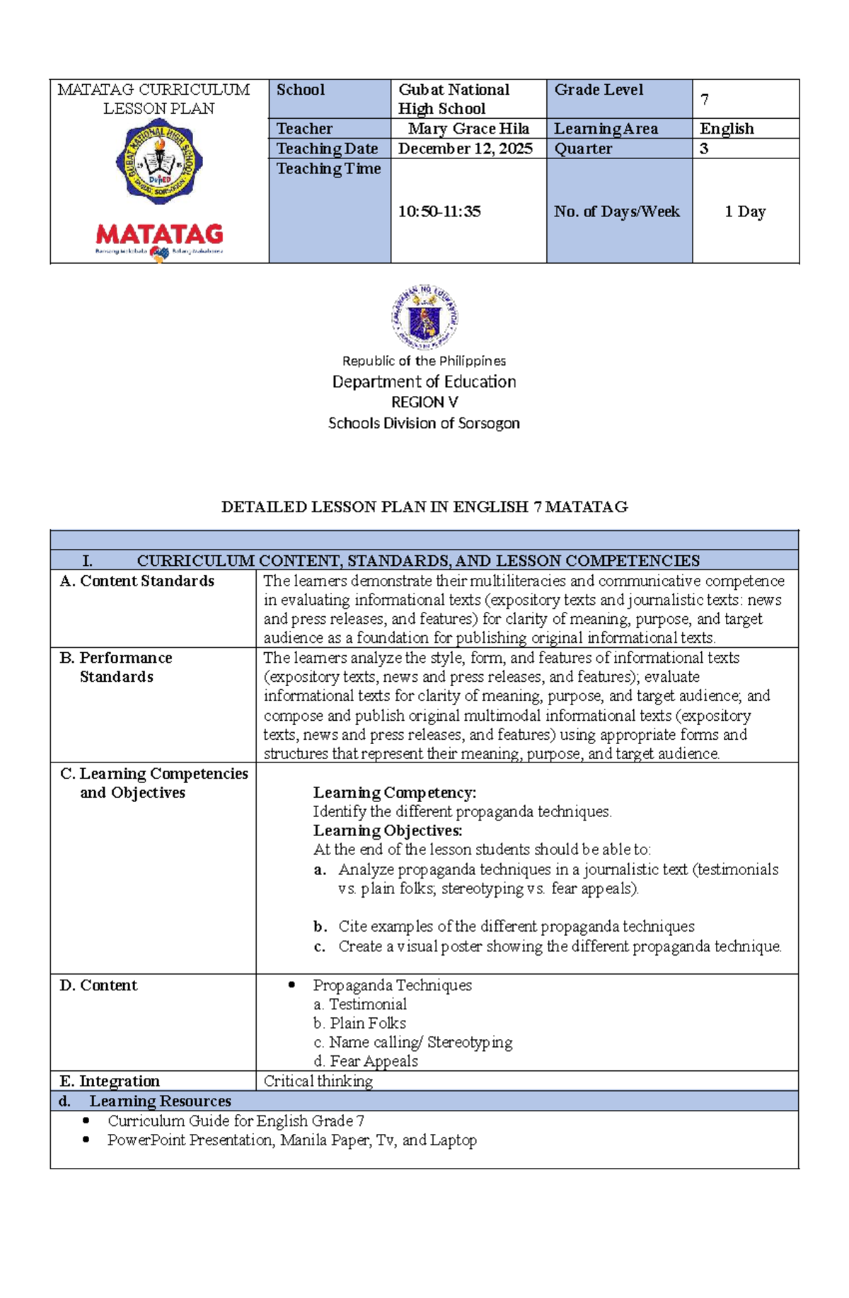 Detailed Lesson Plan in English 7: Analyzing Propaganda Techniques ...