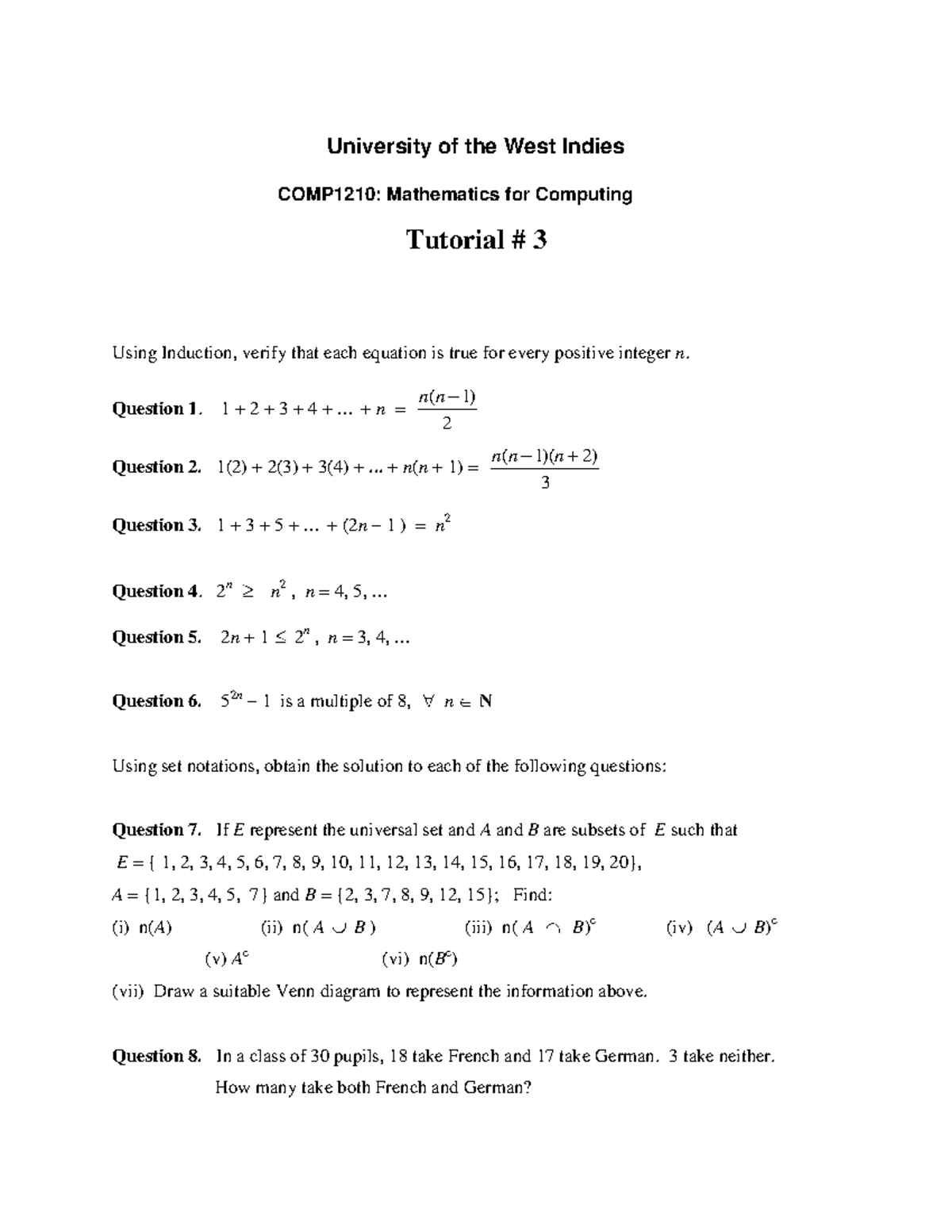 COMP1210: Mathematics for Computing Tutorial Set 3 - Induction Problems ...