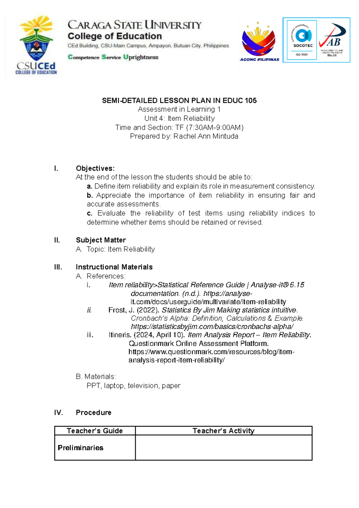 EDUC 105 Lesson Plan: Understanding Item Reliability in Assessments ...