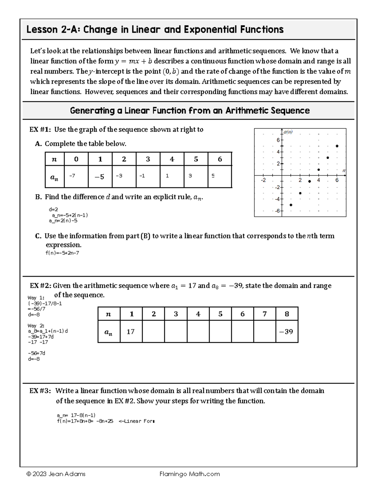 2 - Class notes - Lesson 2-A: Change in Linear and Exponential ...