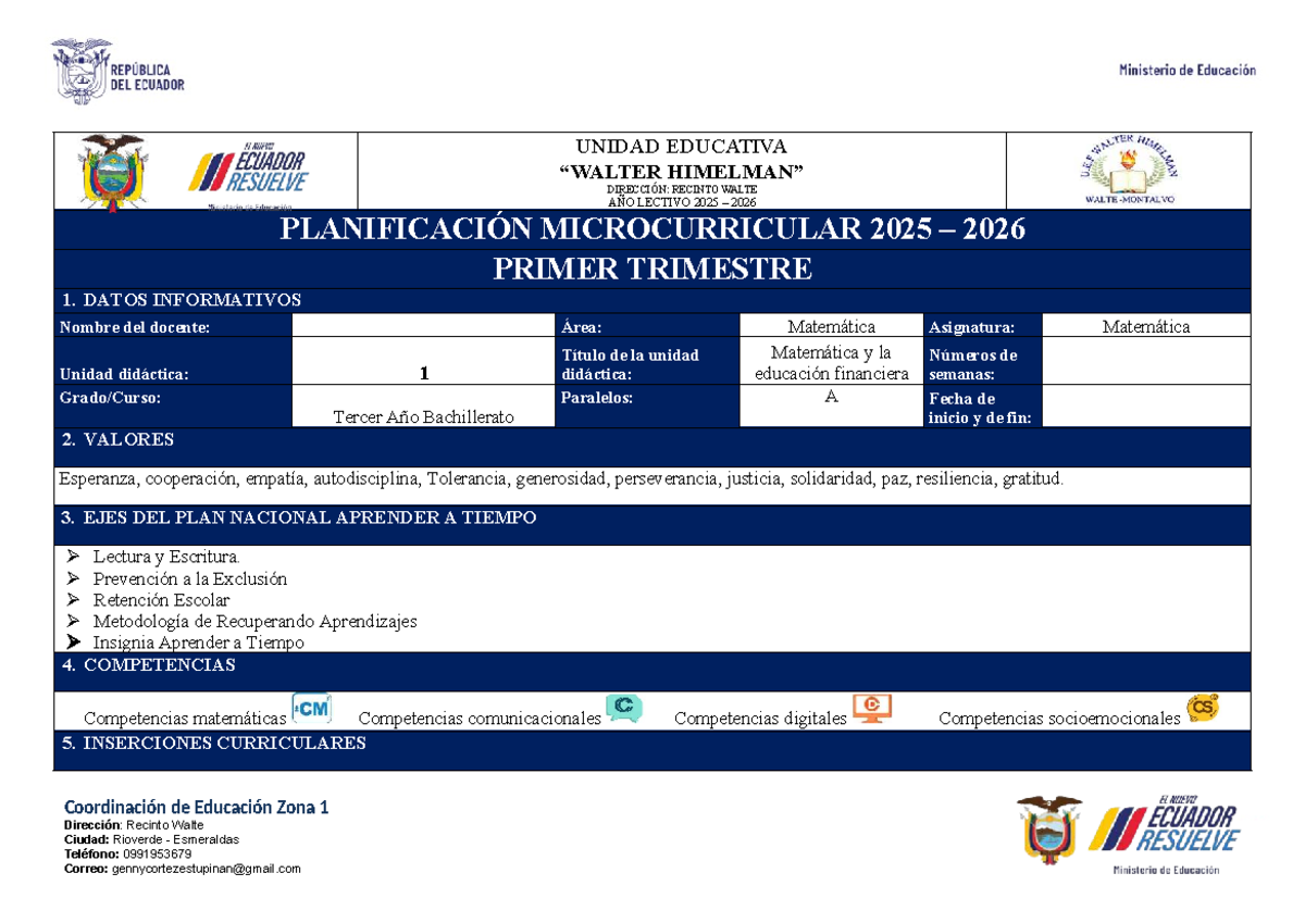 Planificación Microcurricular DUA E 2025 - 2026: Matemática 3er Año - Studocu