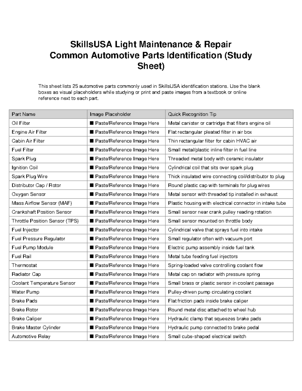 SkillsUSA Automotive Parts Identification Study Sheet - Studocu