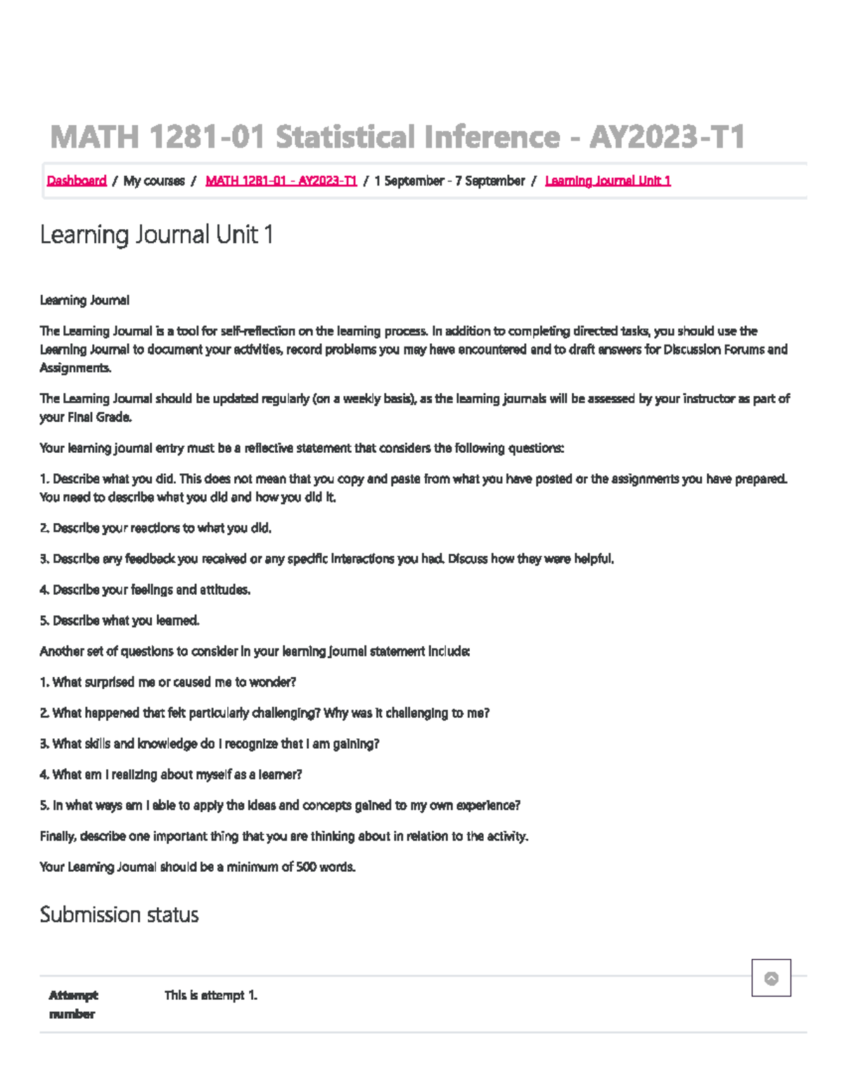 Learning Journal Unit 1 - MATH 1 Reflection and Insights - Studocu