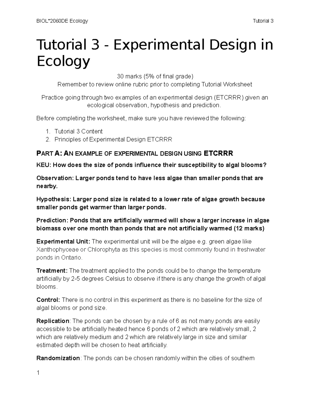 BIOL*2060DE Ecology Tutorial 3: Experimental Design Insights and Case ...