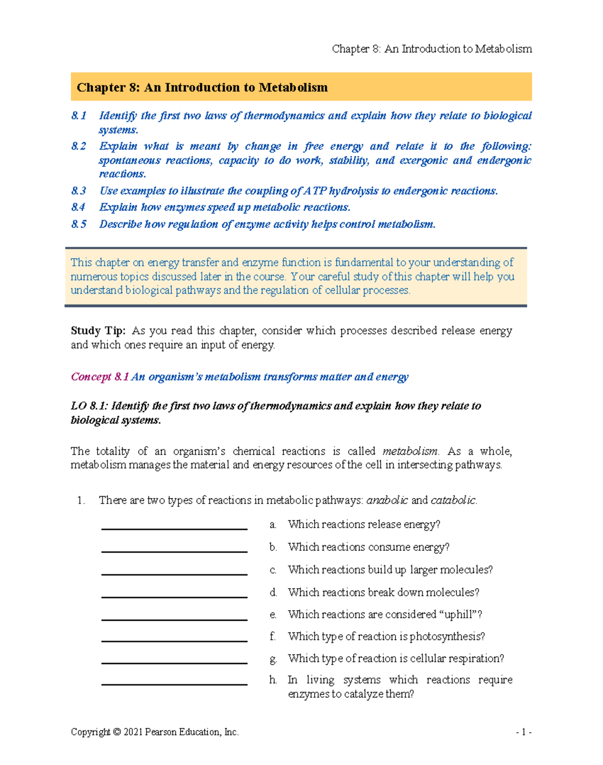 AP Biology (AP Bio) Chapter 8: Metabolism & Enzyme Regulation Study ...