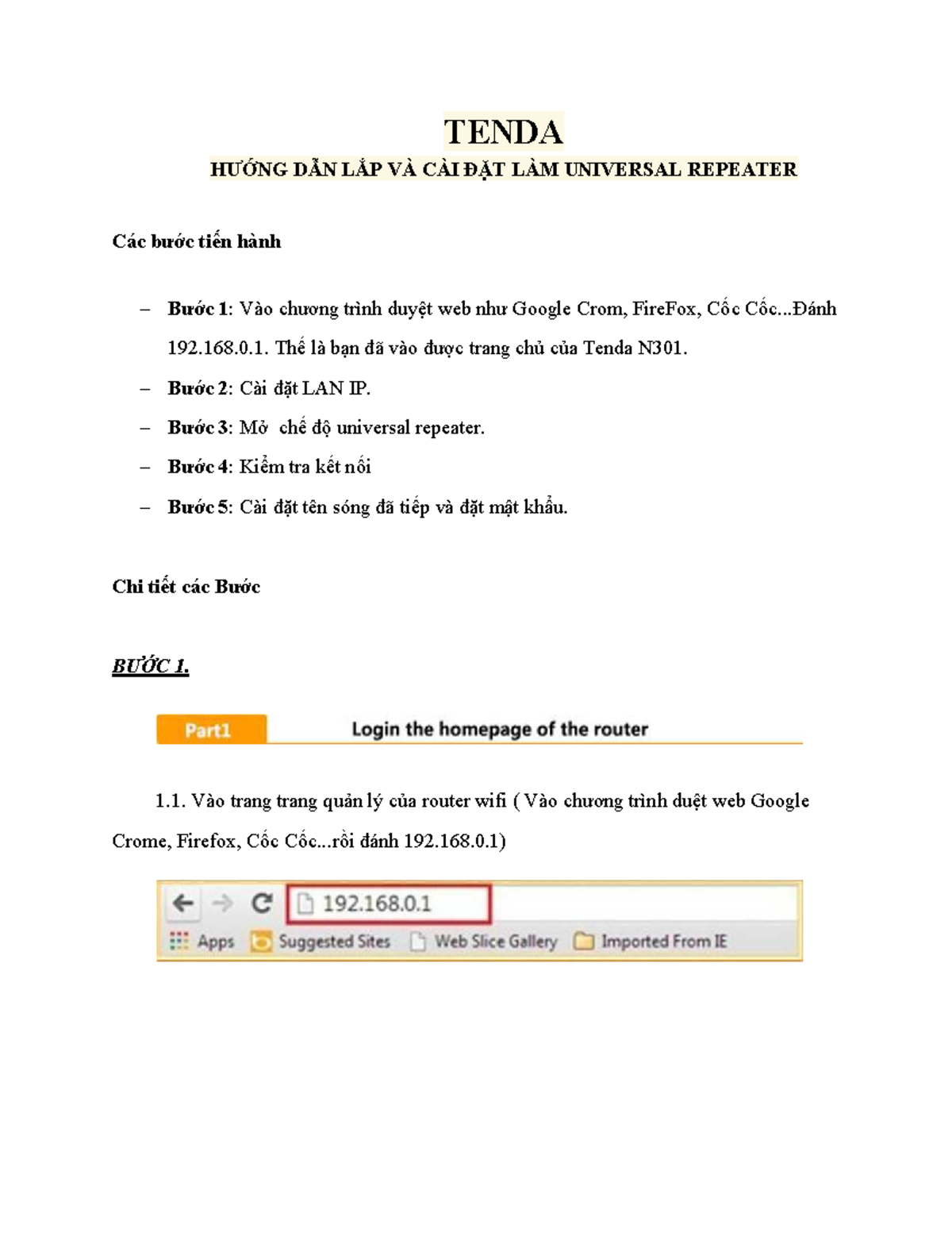 Hướng Dẫn Lắp Đặt Tenda N301 Làm Universal Repeater - Studocu