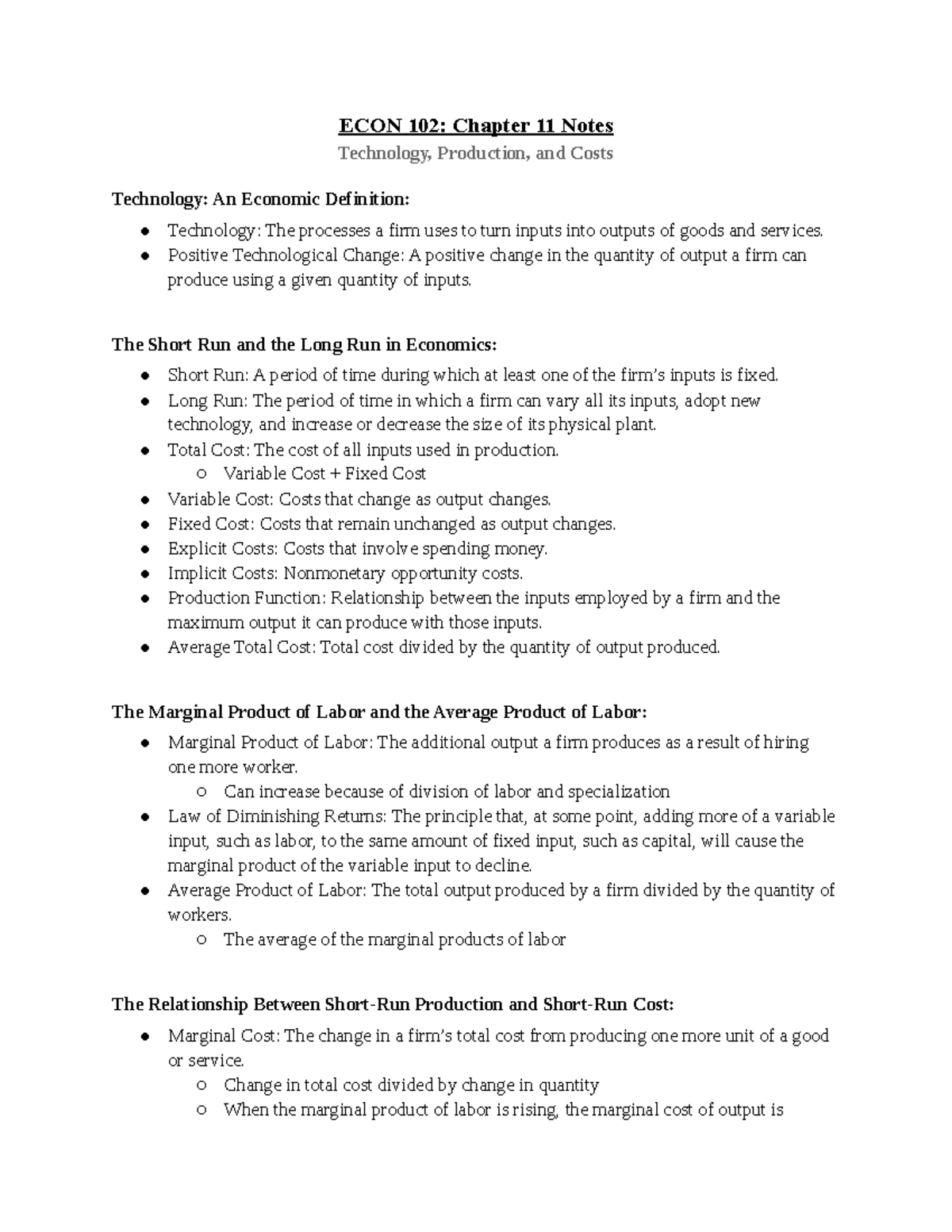 Econ 102 Chapter 11 Notes Econ 102 Chapter 11 Notes Technology